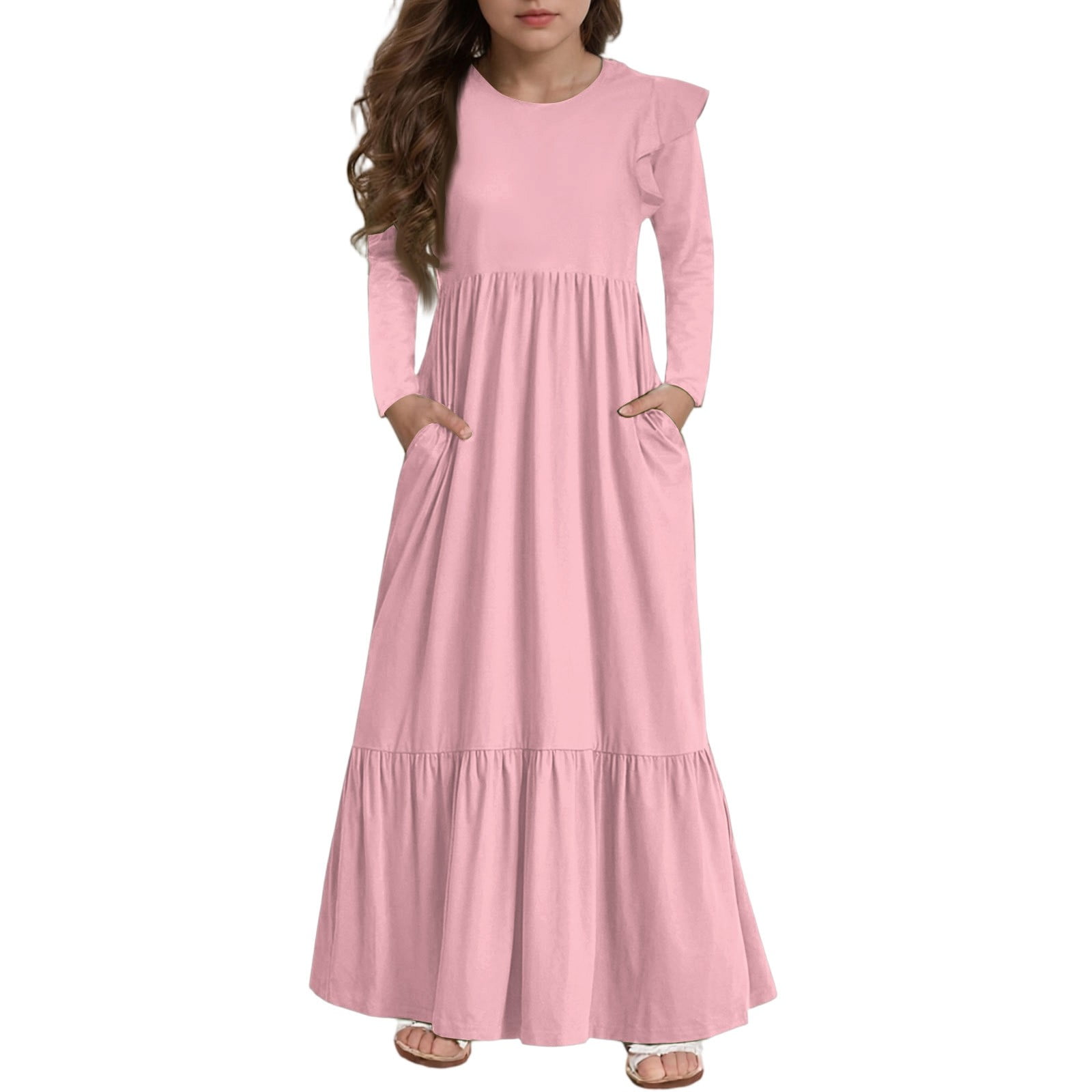 Abcomgle Girls Long Dresses Size 7-8 Casual A-Line Ruffle Long Sleeve ...