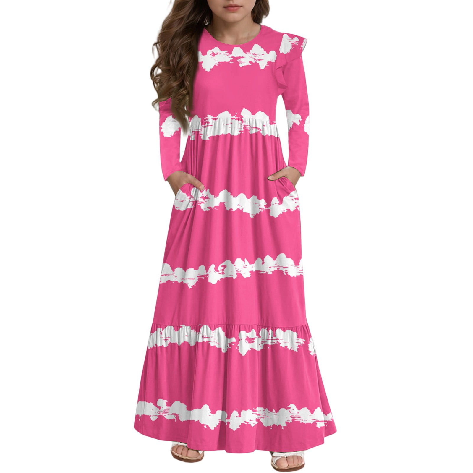 Abcomgle Girls Long Sleeve Dresses 10-12 Casual A-Line Ruffle Long ...