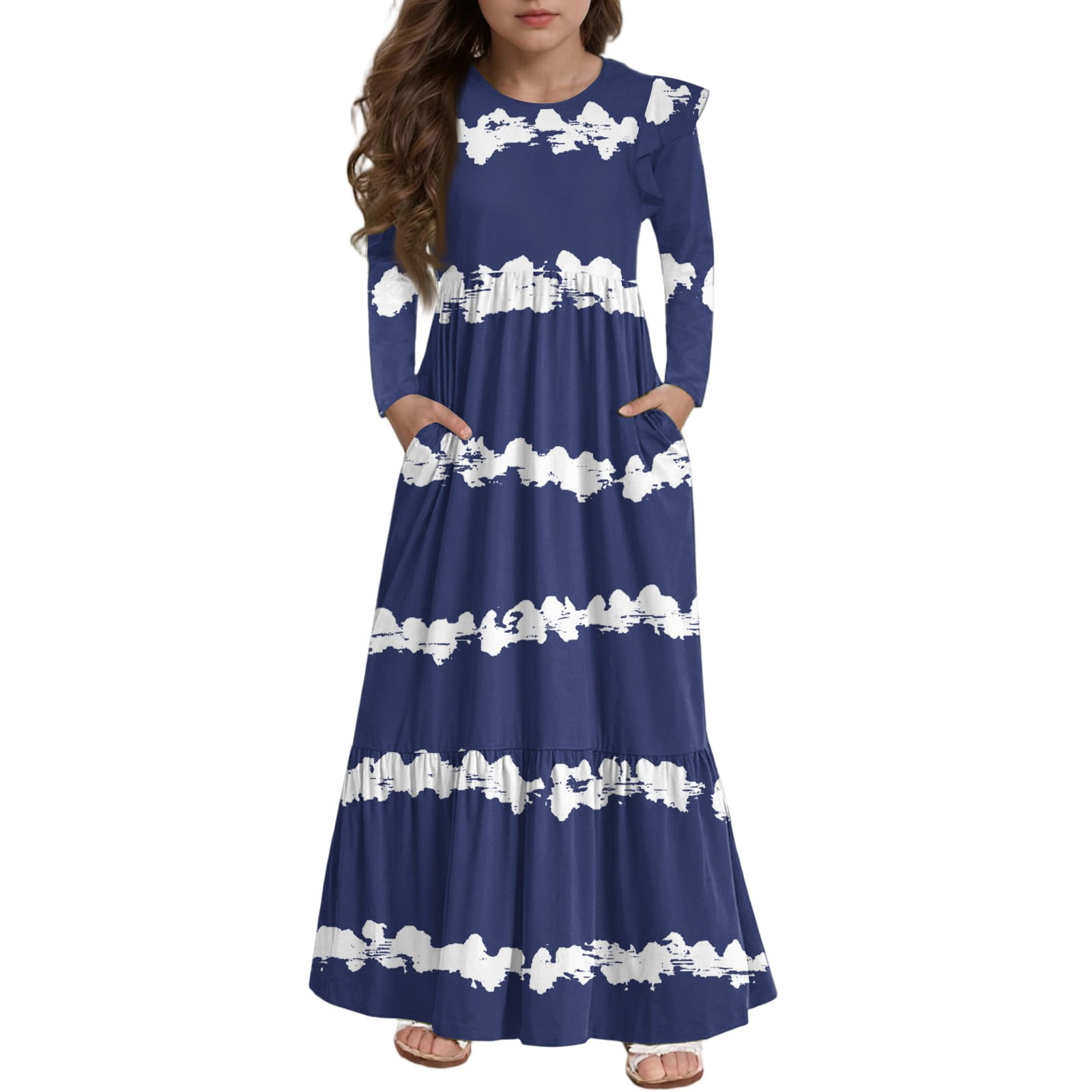 Abcomgle Girls Long Sleeve Dresses 10-12 Casual A-Line Ruffle Long ...
