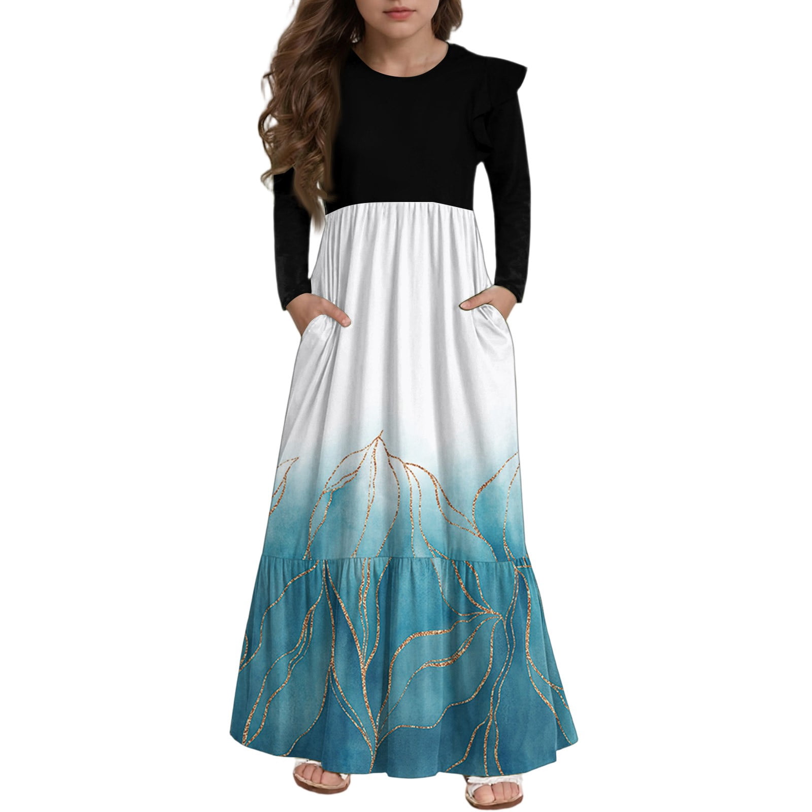 Abcomgle Girls Long Sleeve Dresses 10-12 Casual Patchwork Ruffle Sleeve ...