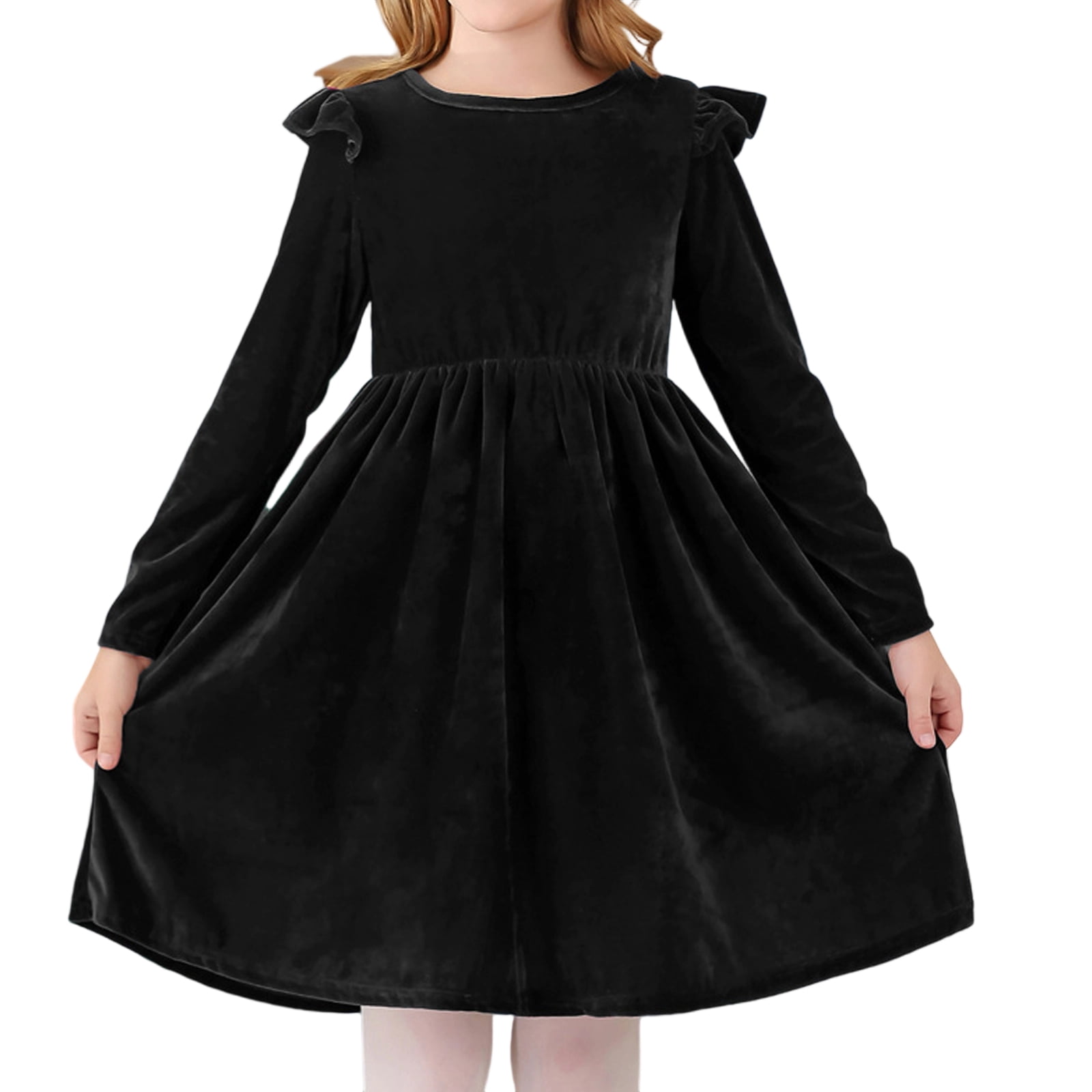 Abcomgle Girls Long Sleeve Dresses 10-12 Velvet A-Line Ruffle Sleeve ...