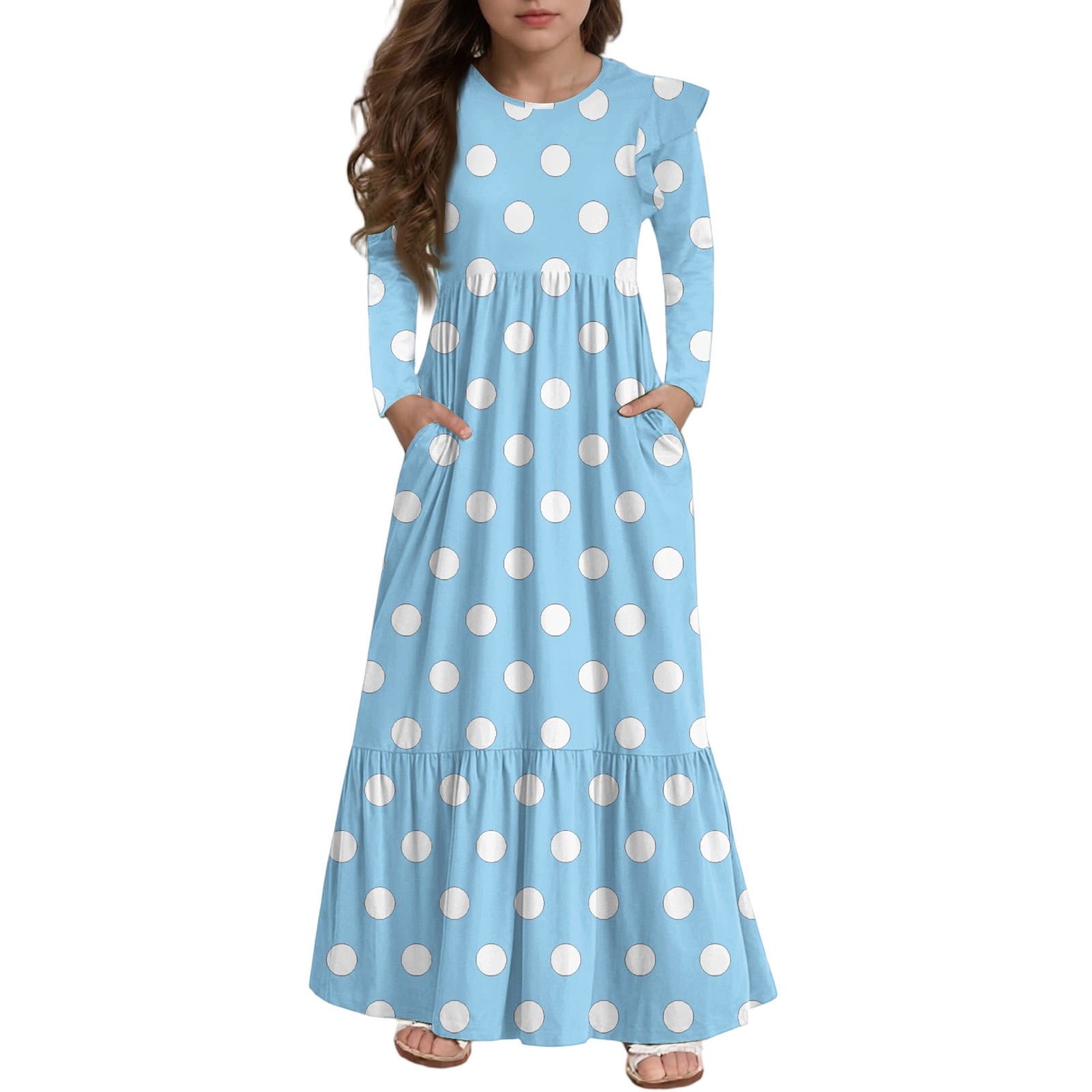Abcomgle Girls Long Sleeve Dresses 7-8 Casual A-Line Ruffle Long Sleeve ...
