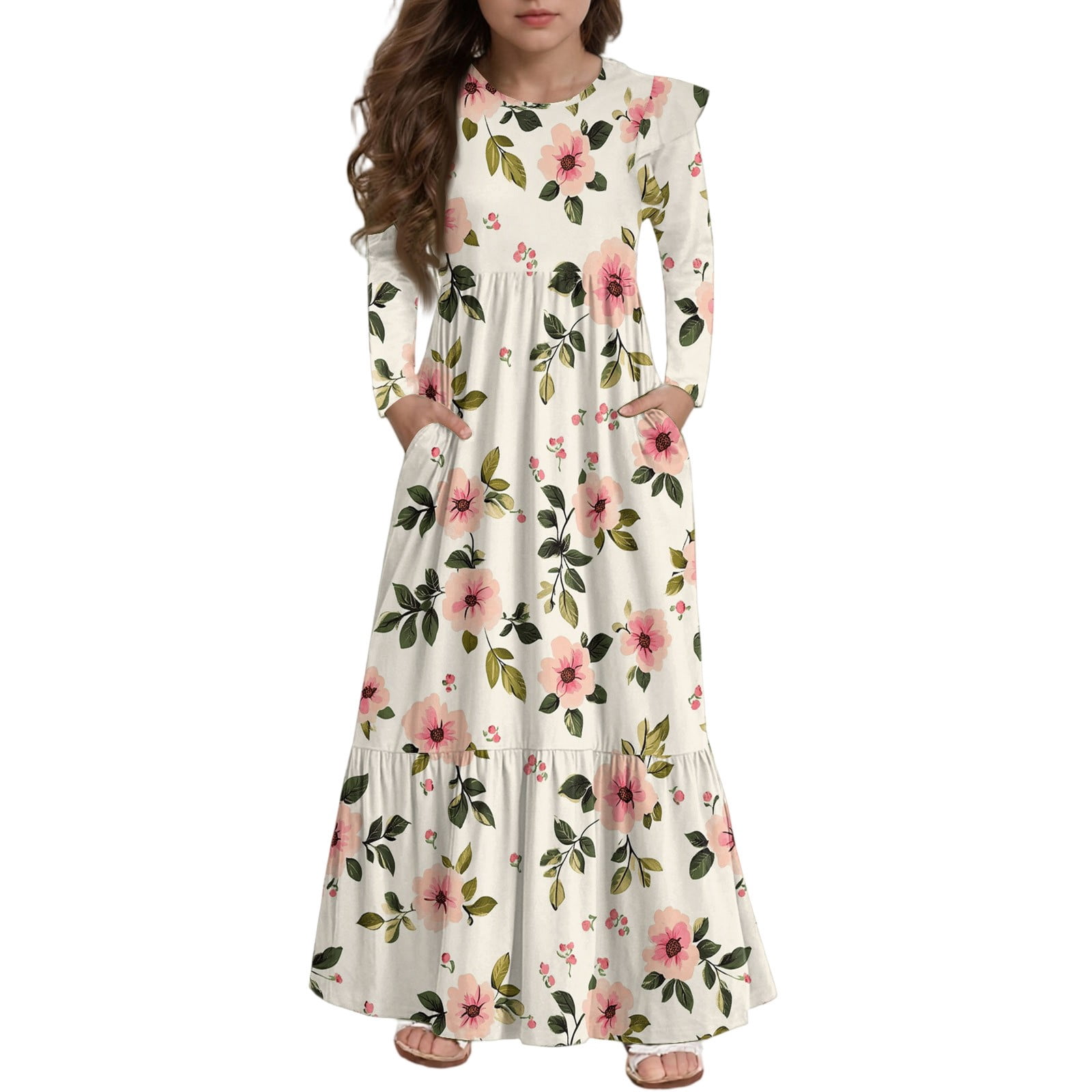 Abcomgle Girls Long Sleeve Dresses 7-8 Casual A-Line Ruffle Long Sleeve ...