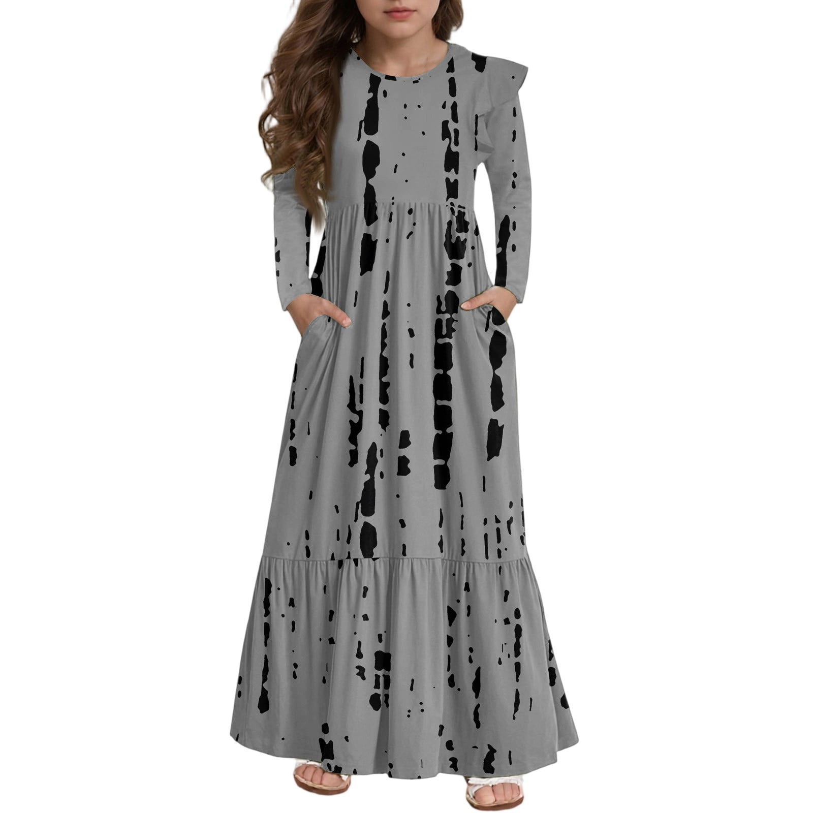 Abcomgle Girls Long Sleeve Dresses 7-8 Casual A-Line Ruffle Long Sleeve ...