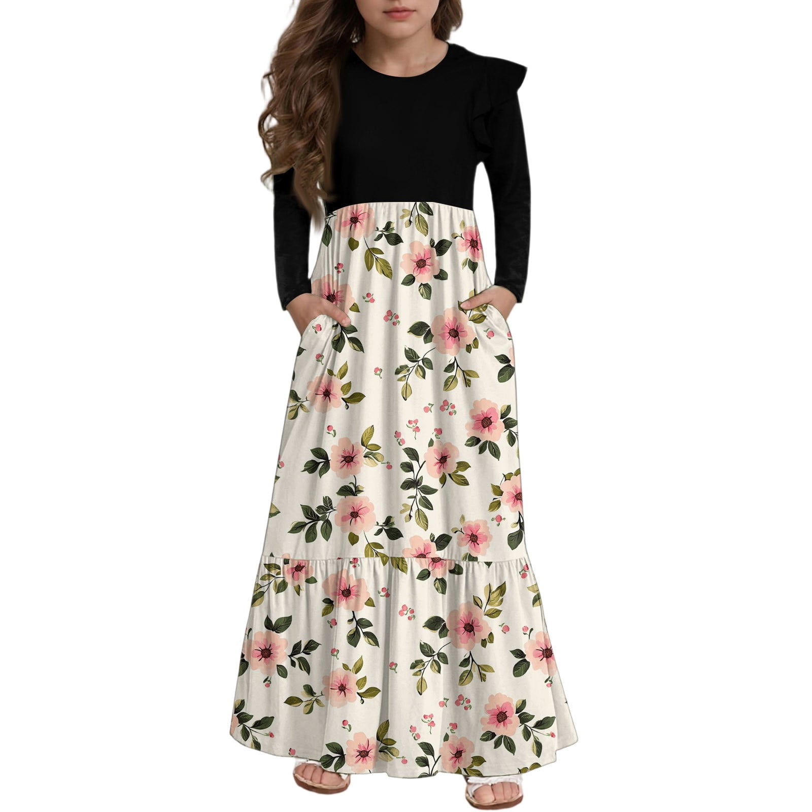 Abcomgle Girls Long Sleeve Dresses 7-8 Casual Patchwork Ruffle Sleeve ...