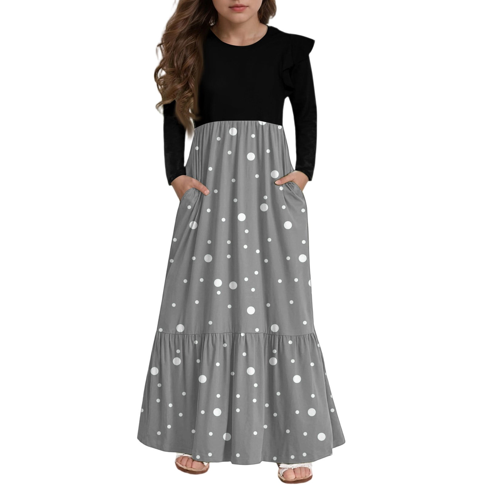 Abcomgle Girls Long Sleeve Dresses 7-8 Casual Patchwork Ruffle Sleeve ...