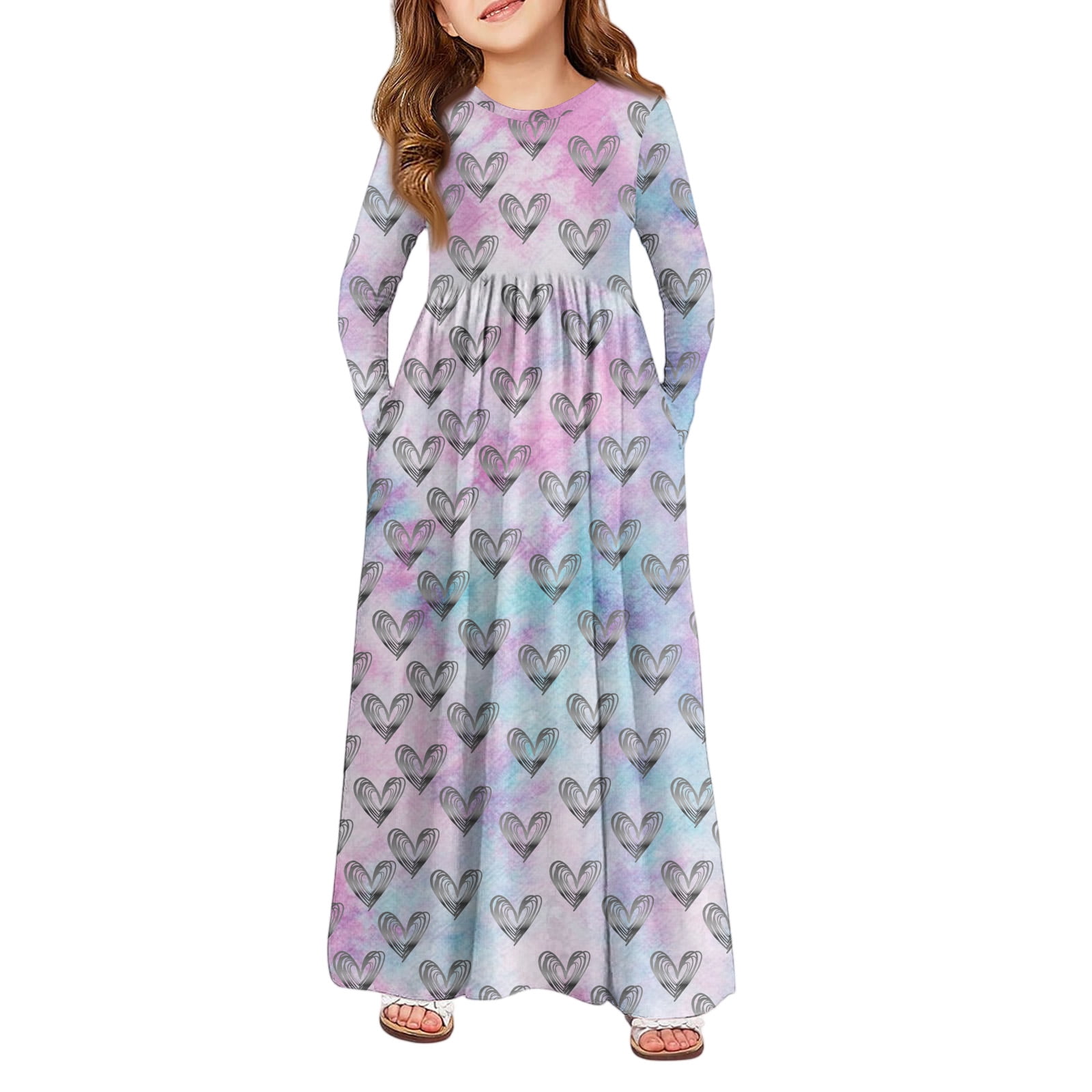 Abcomgle Girls Long Sleeve Dresses 7-8 Loveheart Print Valentines Maxi ...