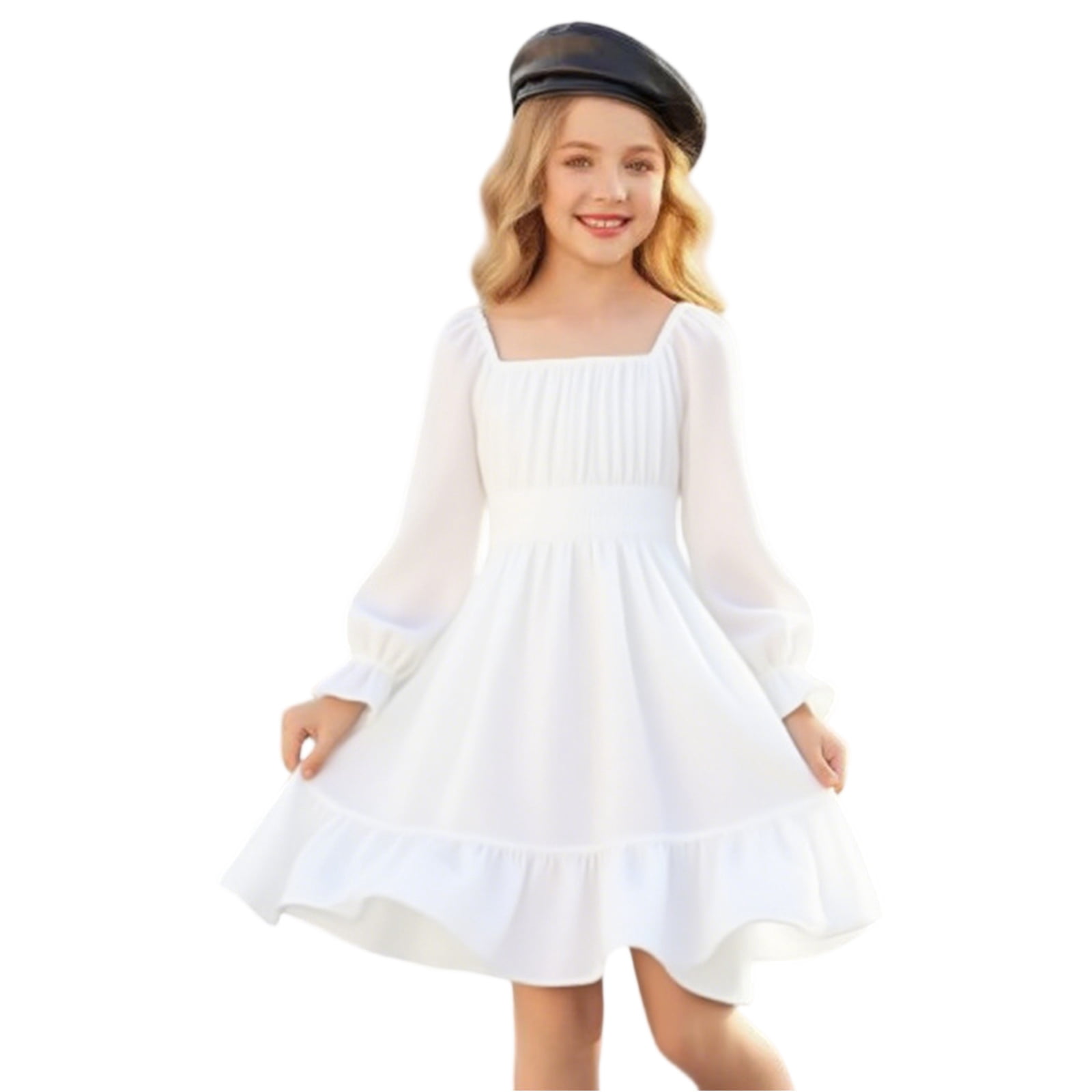 Abcomgle Girls Long Sleeve Dresses 7-8 Ruffle Smocked Puff Sleeve Dress ...