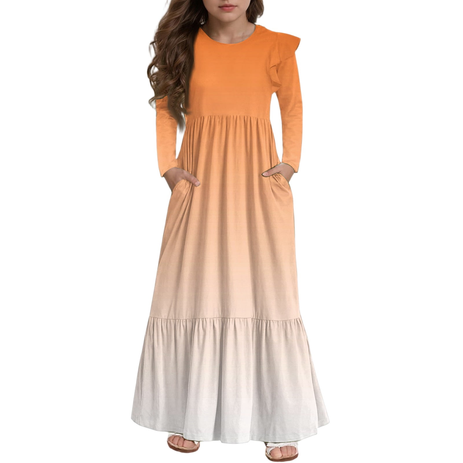 Abcomgle Girls Long Sleeve Dresses 8-9 Casual A-Line Ruffle Long Sleeve ...