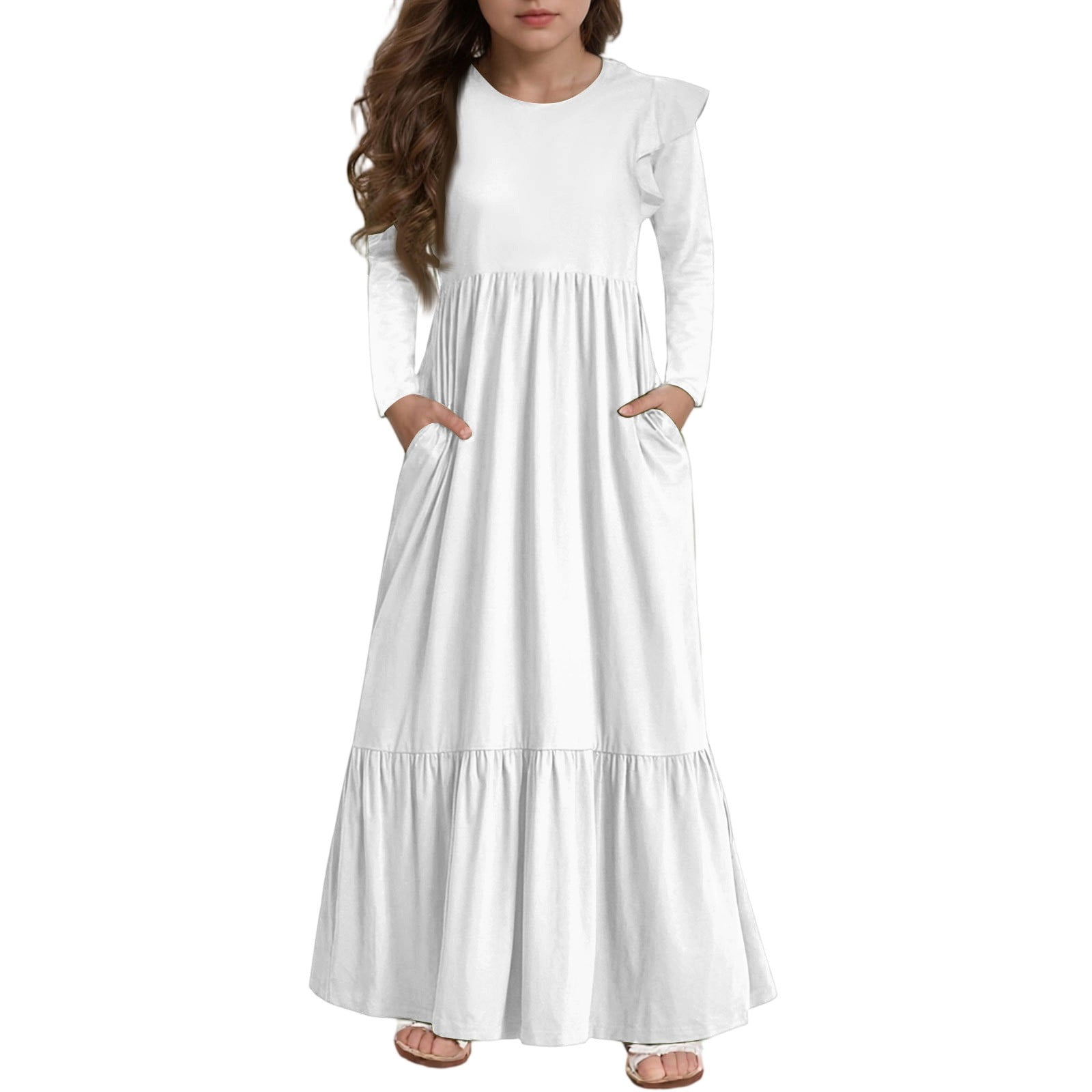 Abcomgle Girls Long Sleeve Dresses 8-9 Casual A-Line Ruffle Long Sleeve ...