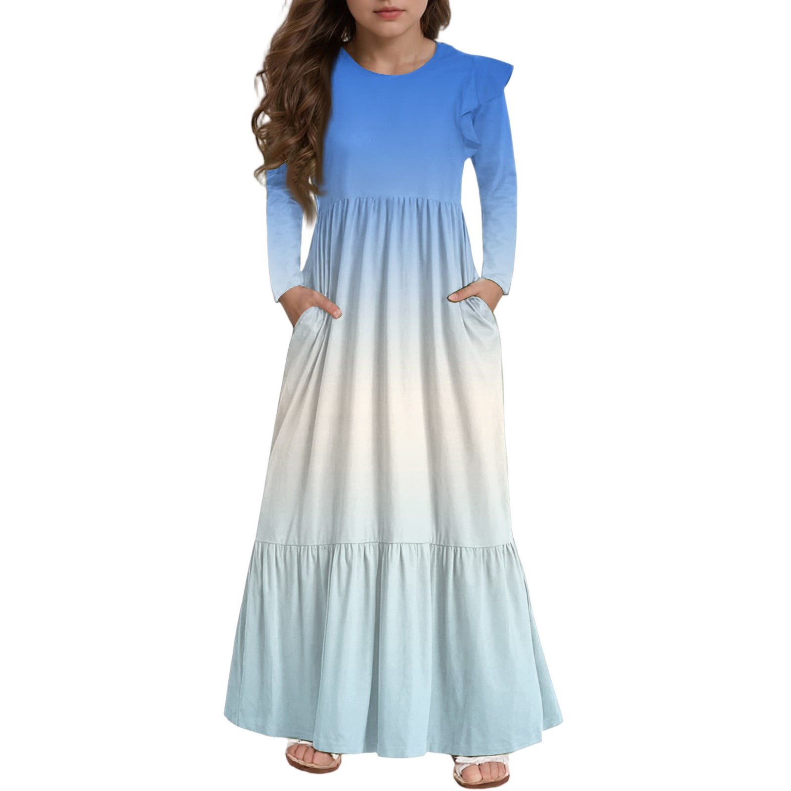 Abcomgle Girls Long Sleeve Dresses 8-9 Casual A-Line Ruffle Long Sleeve ...