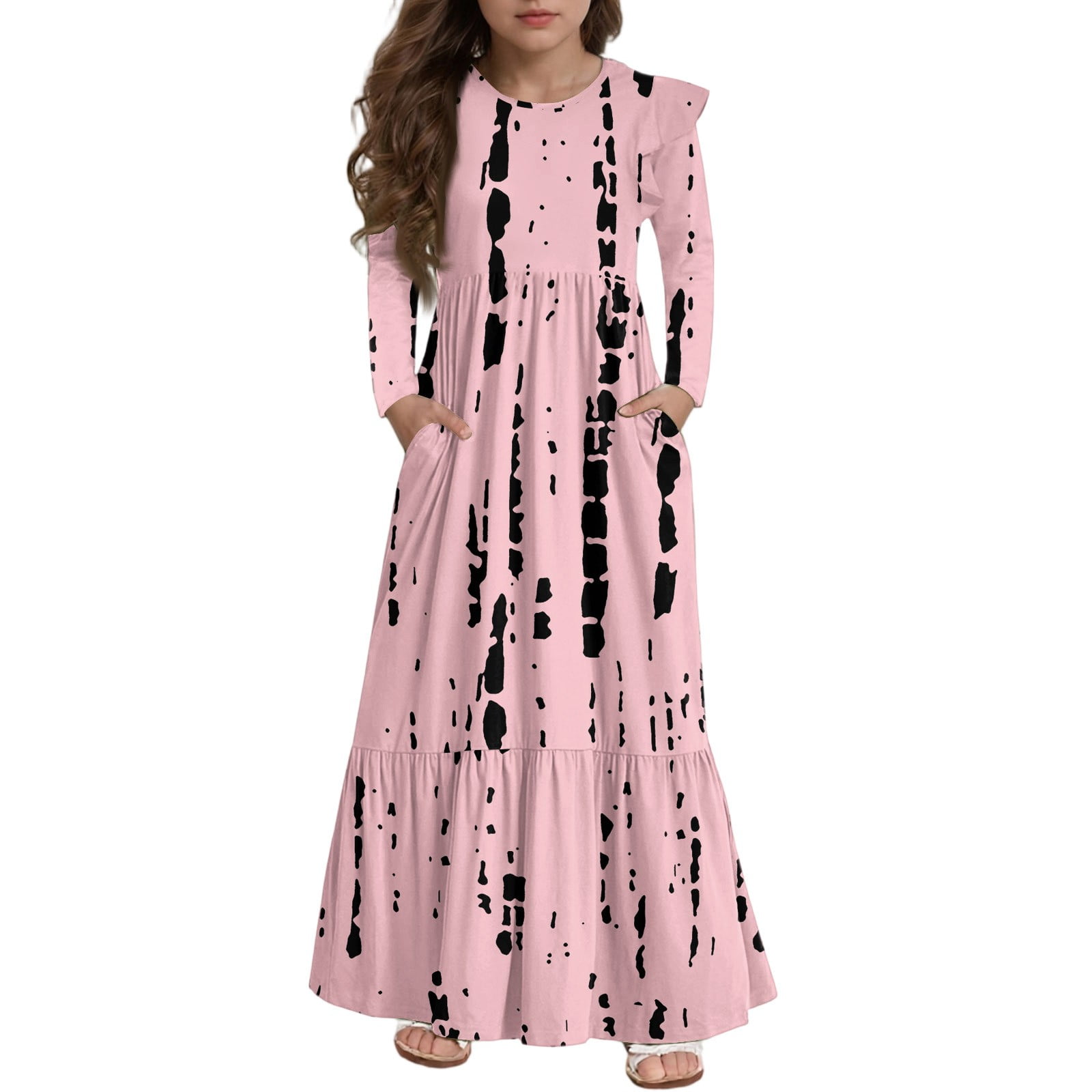 Abcomgle Girls Long Sleeve Dresses 8-9 Casual A-Line Ruffle Long Sleeve ...