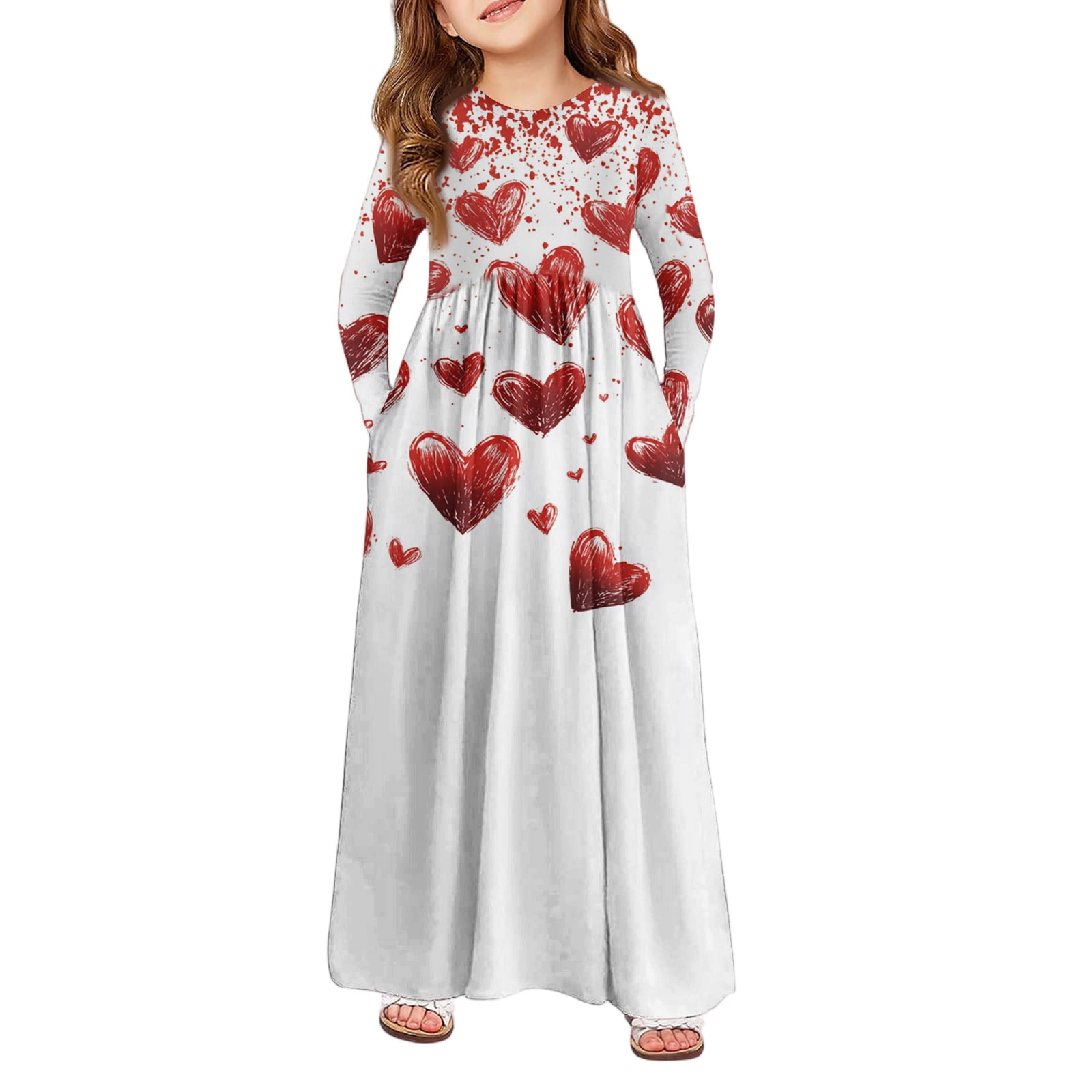 Abcomgle Girls Long Sleeve Dresses 8-9 Loveheart Print Valentines Dress ...