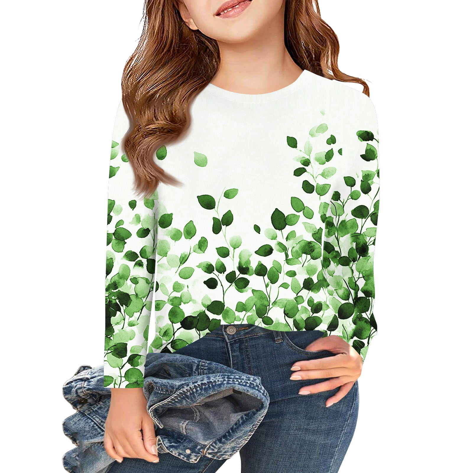 Abcomgle Girls Long Sleeve Shirts 7-8 Trendy Floral Print Crewneck Tee ...