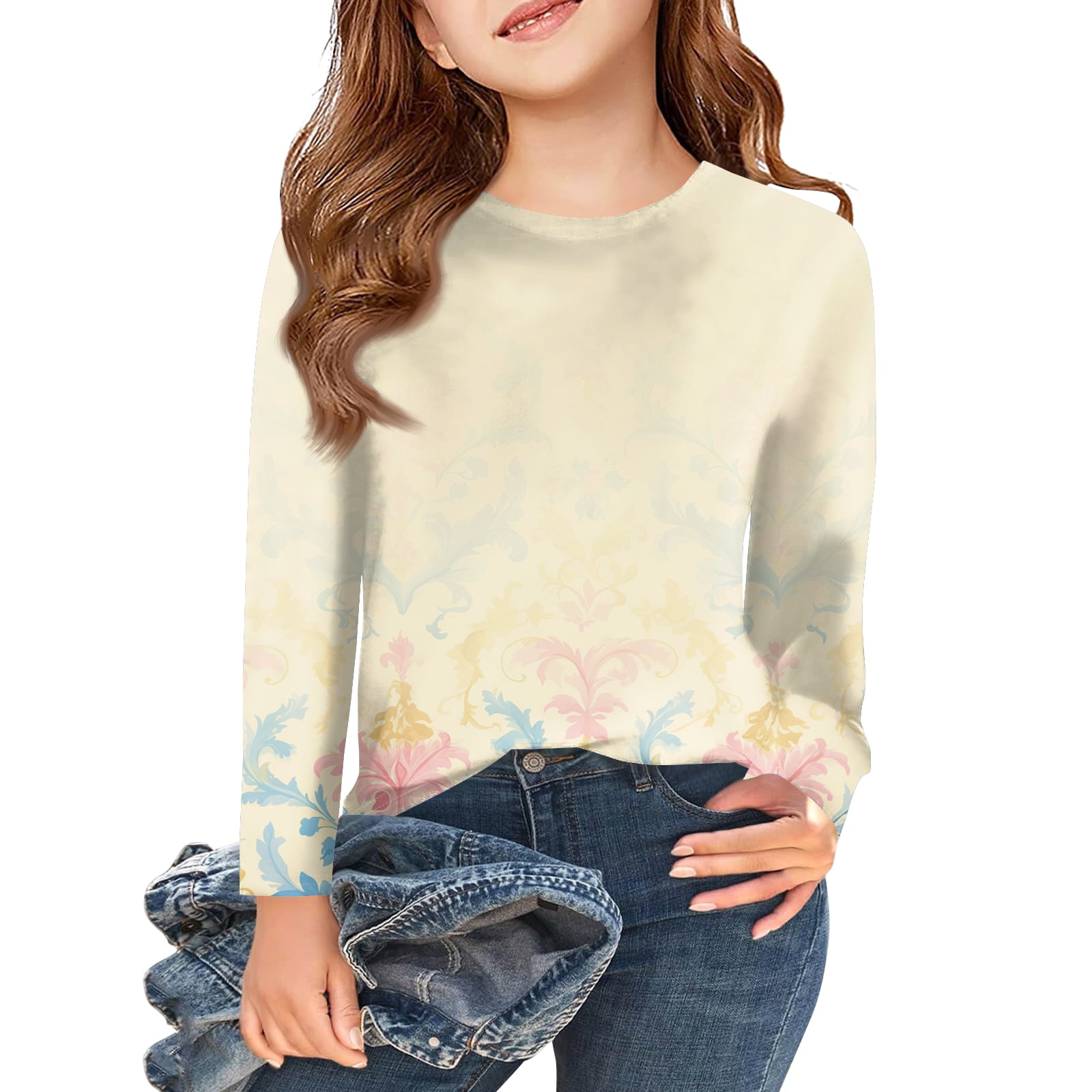 Abcomgle Girls Long Sleeve T Shirts 10-12 Casual Vintage Floral Print ...