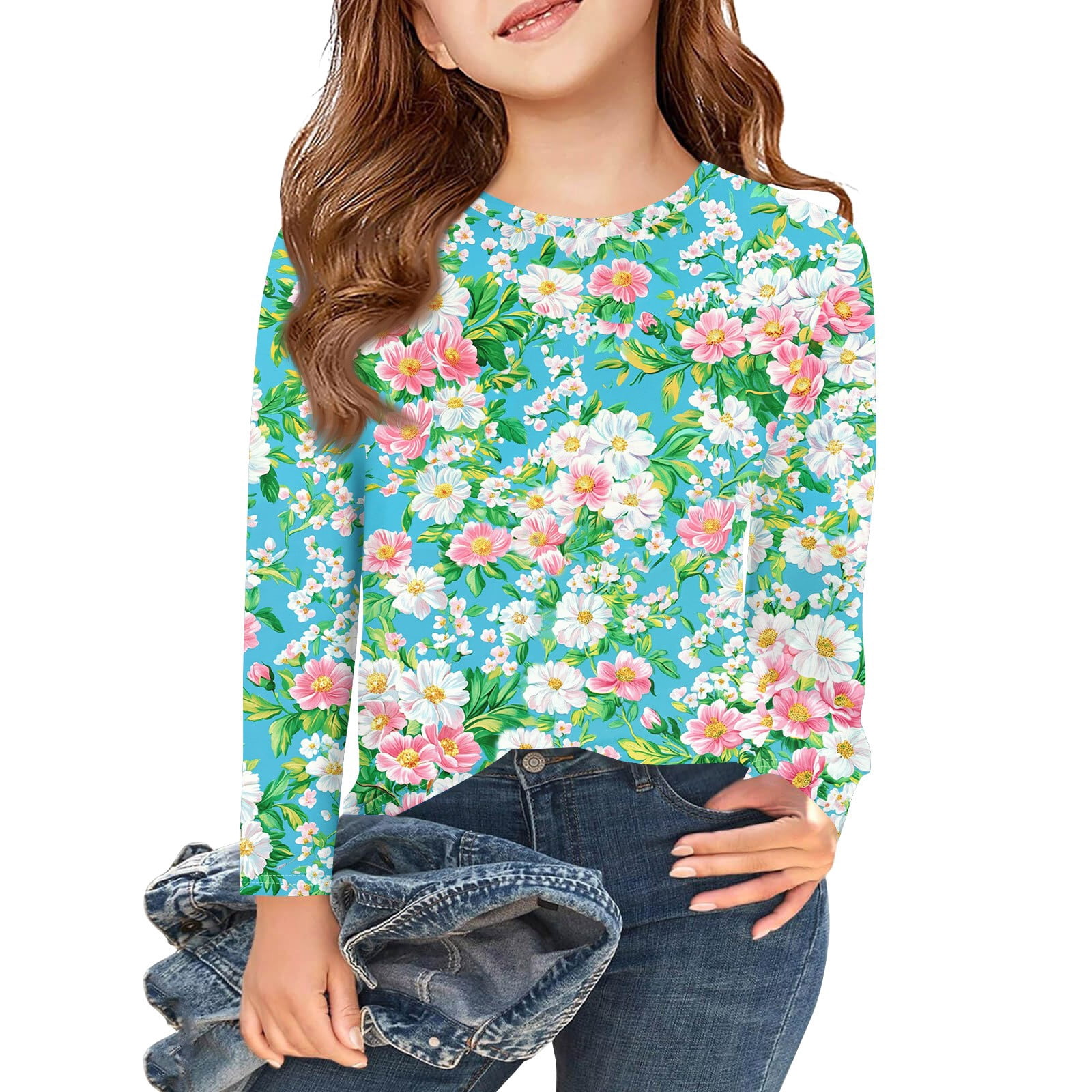 Abcomgle Girls Long Sleeve T Shirts 10-12 Trendy Daisy Flower Print ...