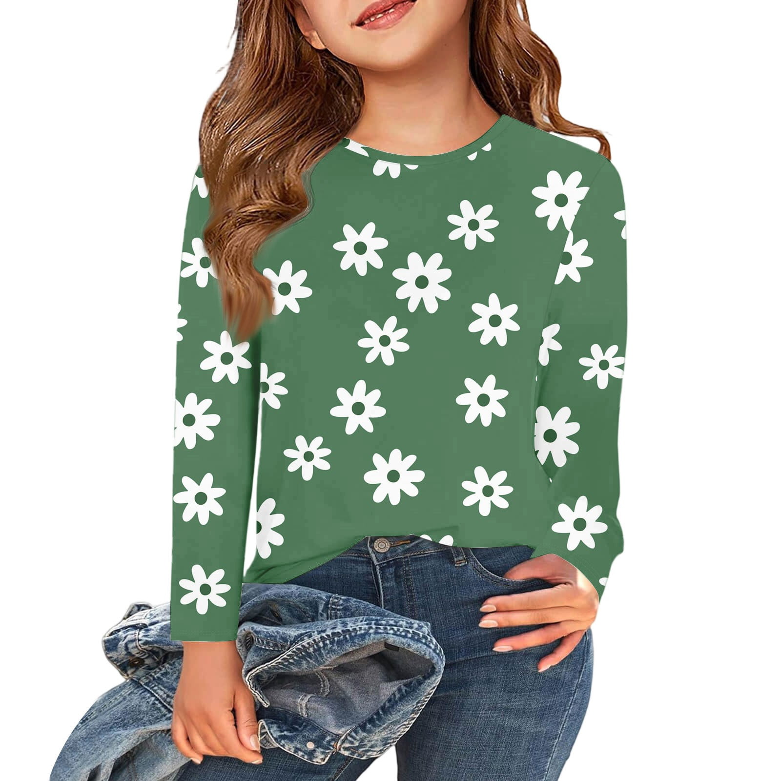 Abcomgle Girls Long Sleeve T Shirts Size 7-8 Trendy Daisy Flower Print ...