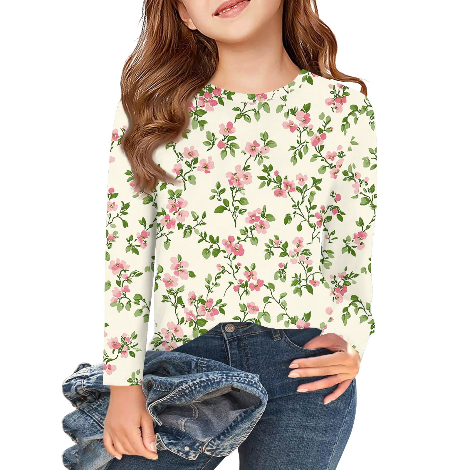 Abcomgle Girls Long Sleeve T Shirts Size 7-8 Trendy Floral Print ...