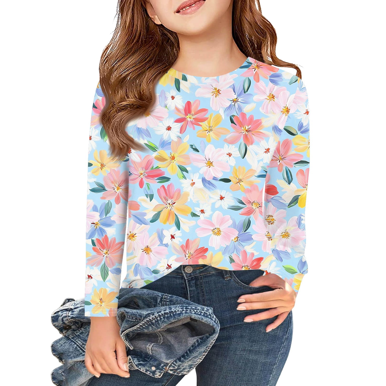 Abcomgle Girls Long Sleeve Tops 10-12 Casual Daisy Flower Print ...