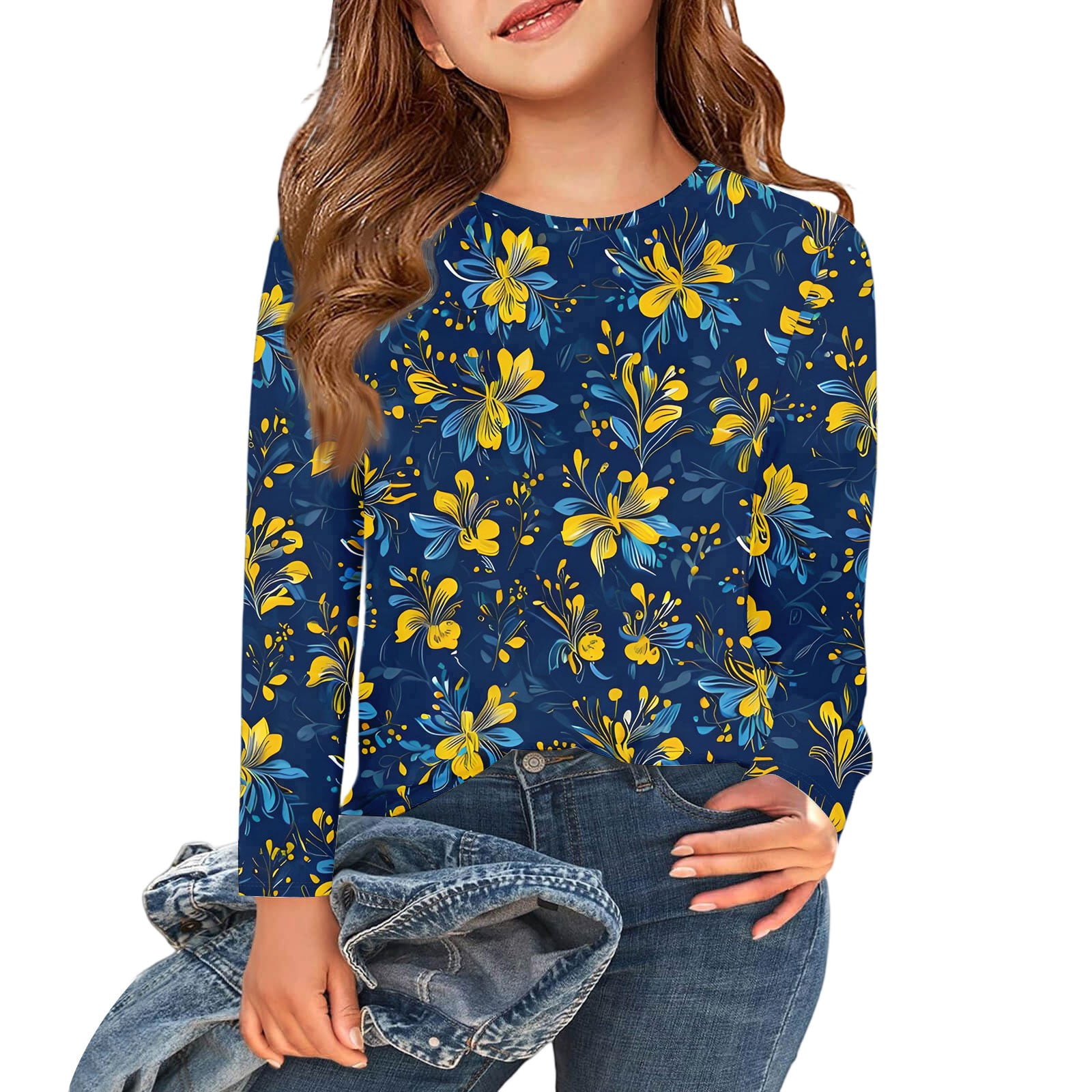 Abcomgle Girls Long Sleeve Tops 7-16 Casual Floral Print Crewneck T ...