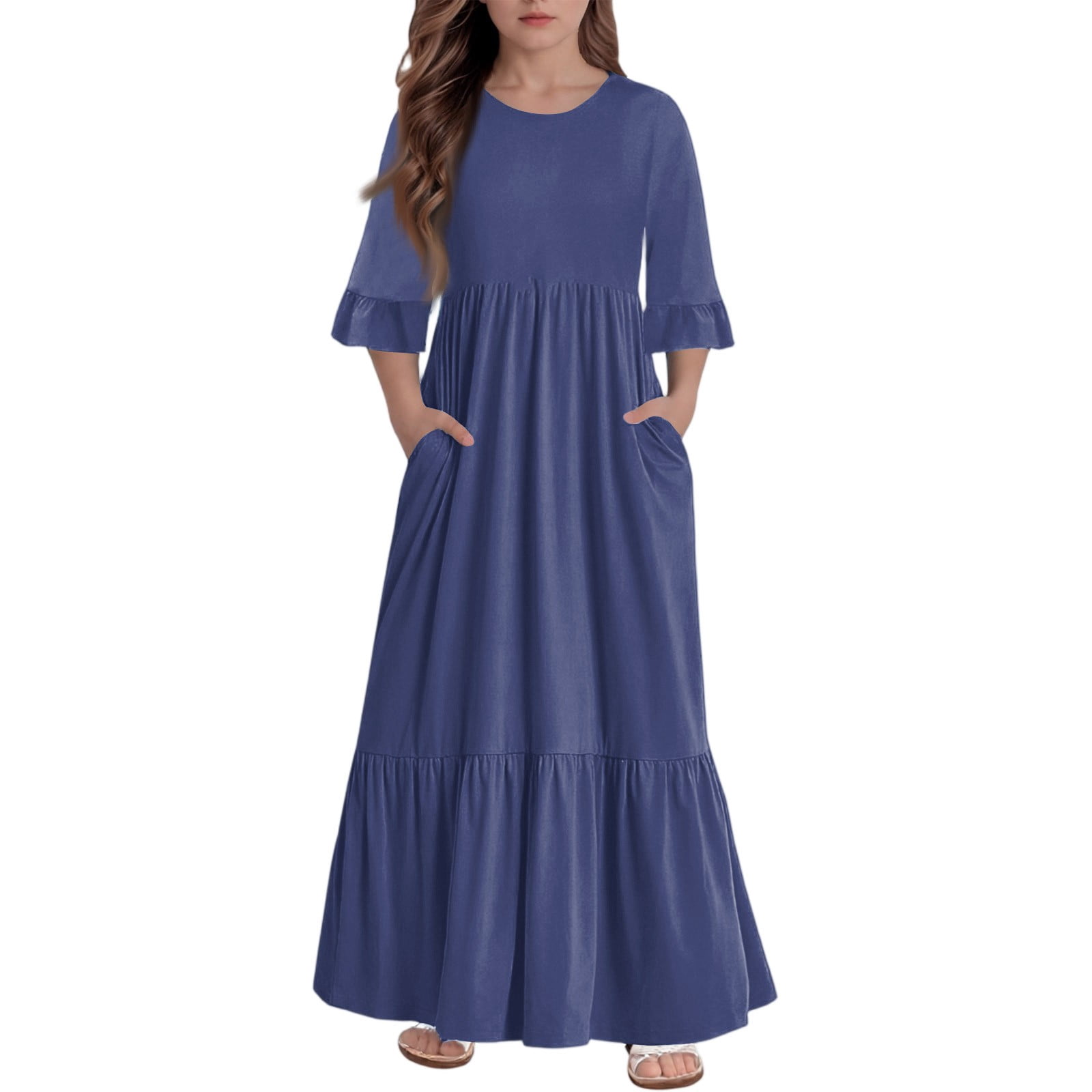 Abcomgle Girls Maxi Dress Kids Casual A-line Ruffle 3/4 Sleeve Girls ...