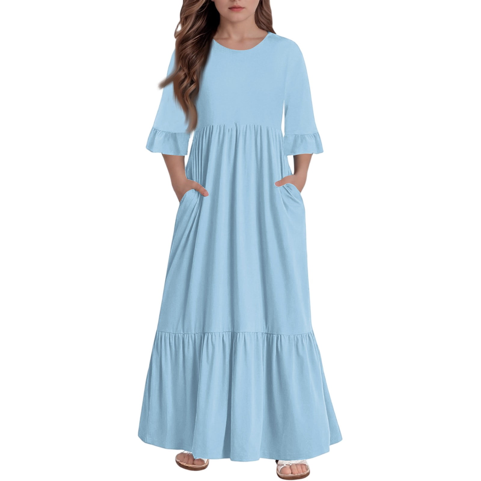 Abcomgle Girls Maxi Dress Kids Casual A-line Ruffle 3/4 Sleeve Maxi ...