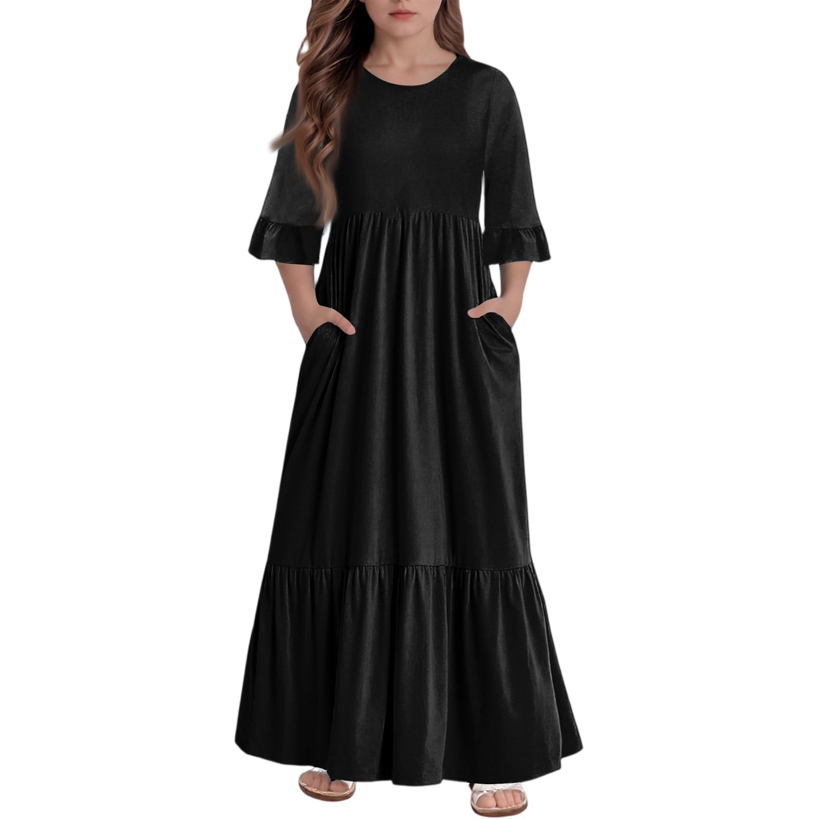 Abcomgle Girls Maxi Dress Kids Casual A-line Ruffle 3/4 Sleeve Maxi ...