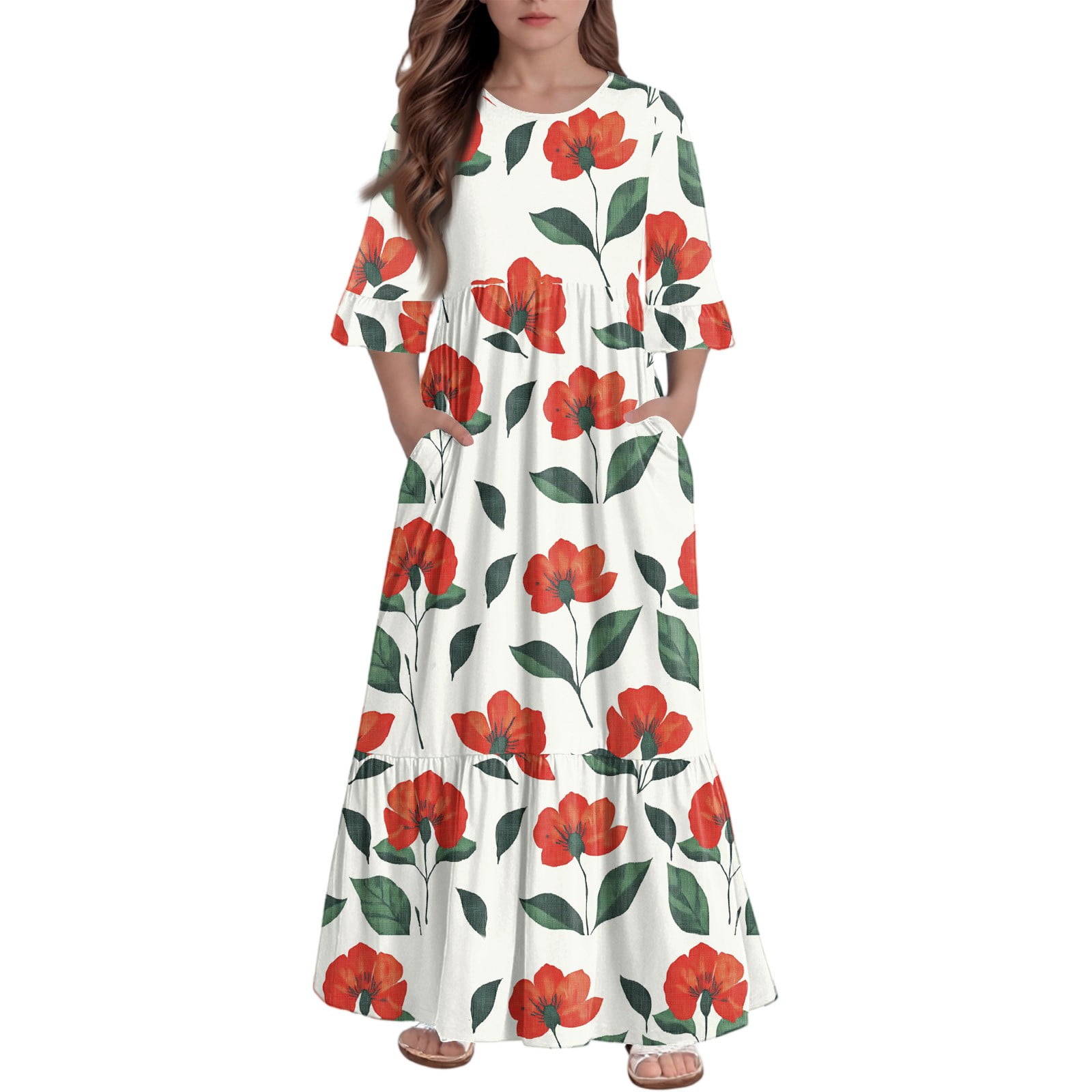 Abcomgle Girls Maxi Dresses 10-12 Casual A-Line 3/4 Sleeve Girls Long ...