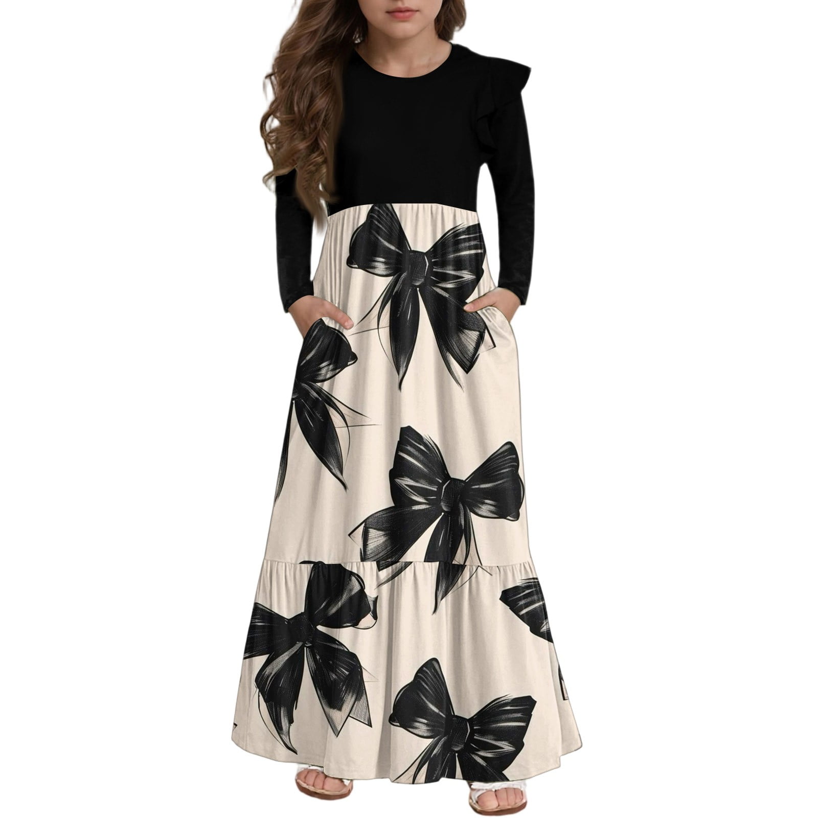 Abcomgle Girls Maxi Dresses 10-12 Casual Patchwork Ruffle Long Sleeve Girls Long Dresses Bownot ...