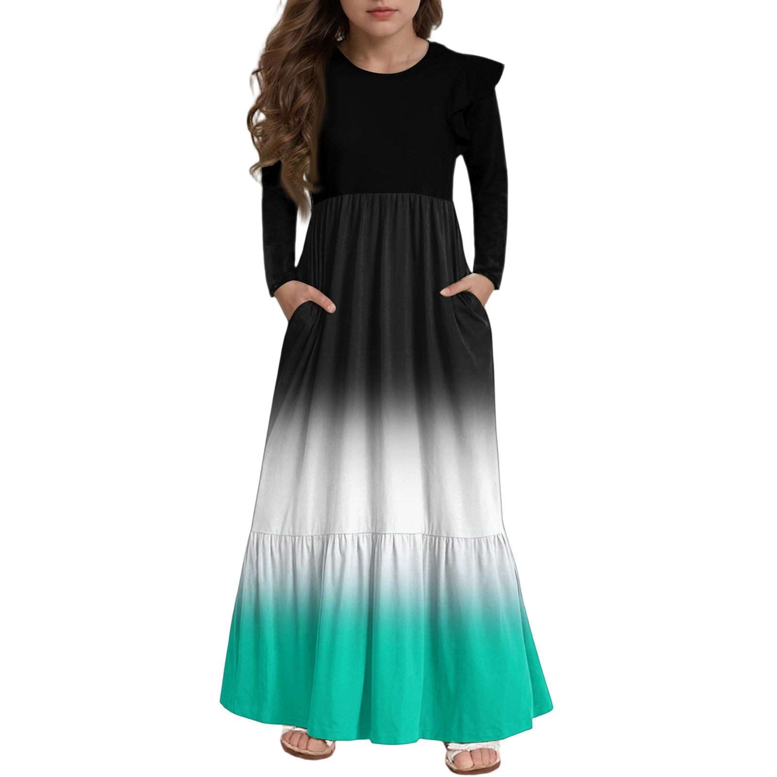 Abcomgle Girls Maxi Dresses 10-12 Casual Patchwork Ruffle Long Sleeve ...