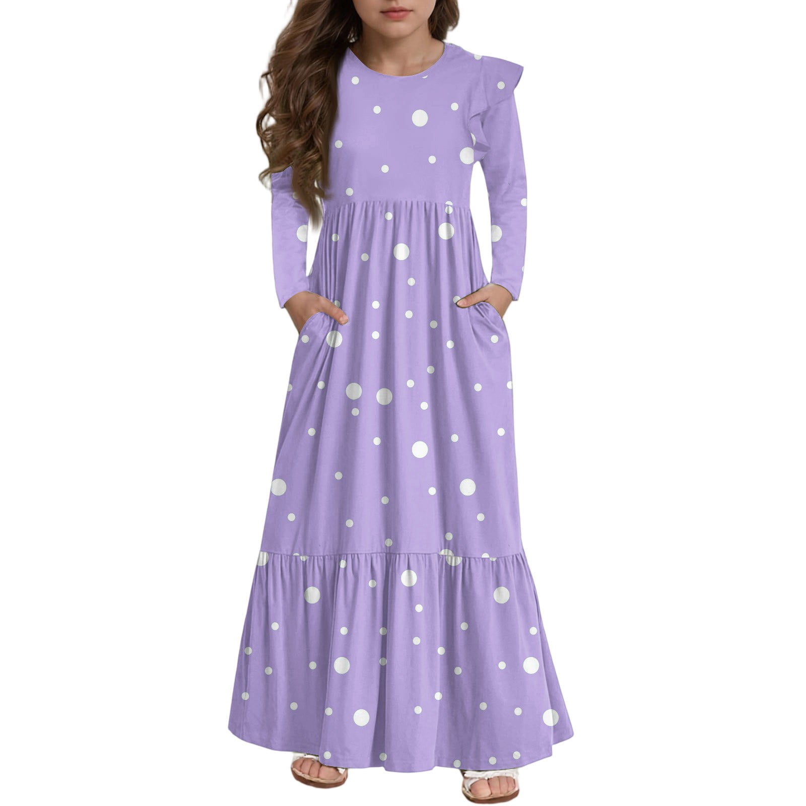 Abcomgle Girls Maxi Dresses 7-16 A-Line Ruffle Long Sleeve Girls Long ...