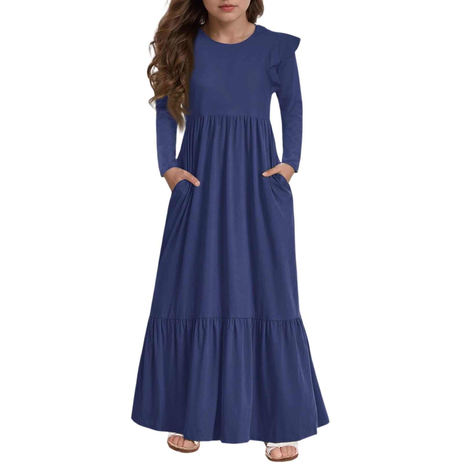 Abcomgle Girls Maxi Dresses 7-16 A-Line Ruffle Long Sleeve Girls Long ...