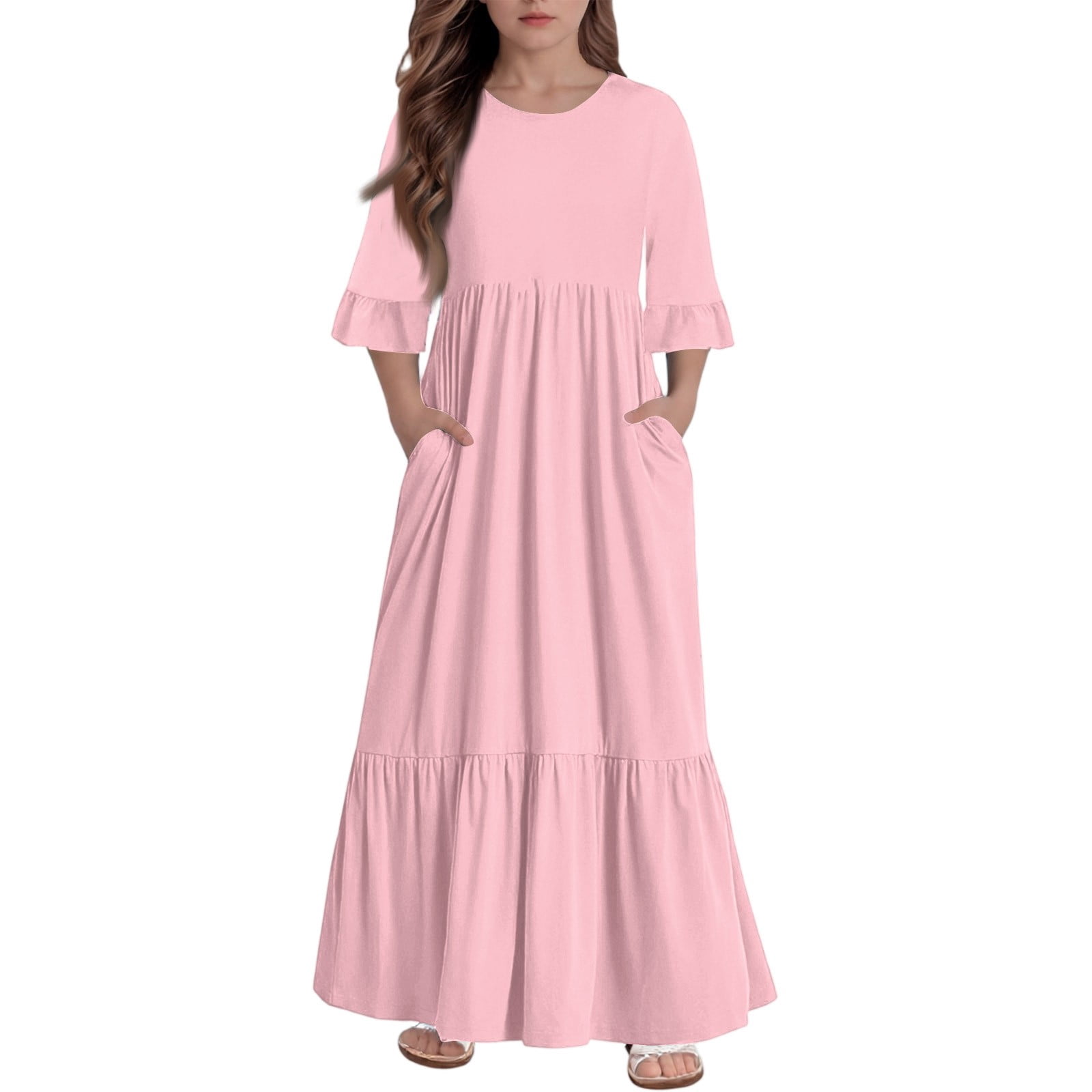 Abcomgle Girls Maxi Dresses 7-16 A-line Ruffle 3/4 Sleeve Girls Long ...