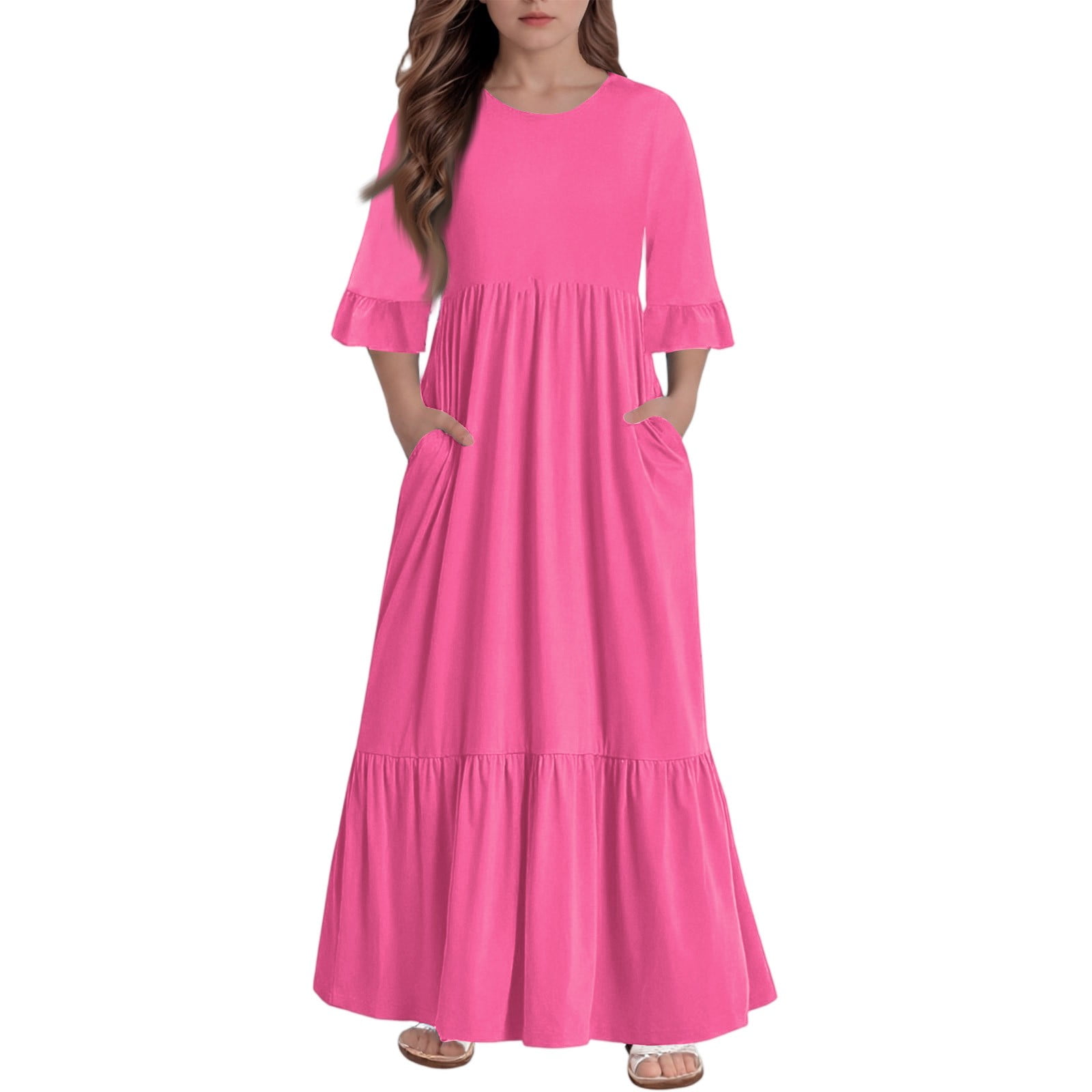 Abcomgle Girls Maxi Dresses 7-16 A-line Ruffle 3/4 Sleeve Maxi Dress ...