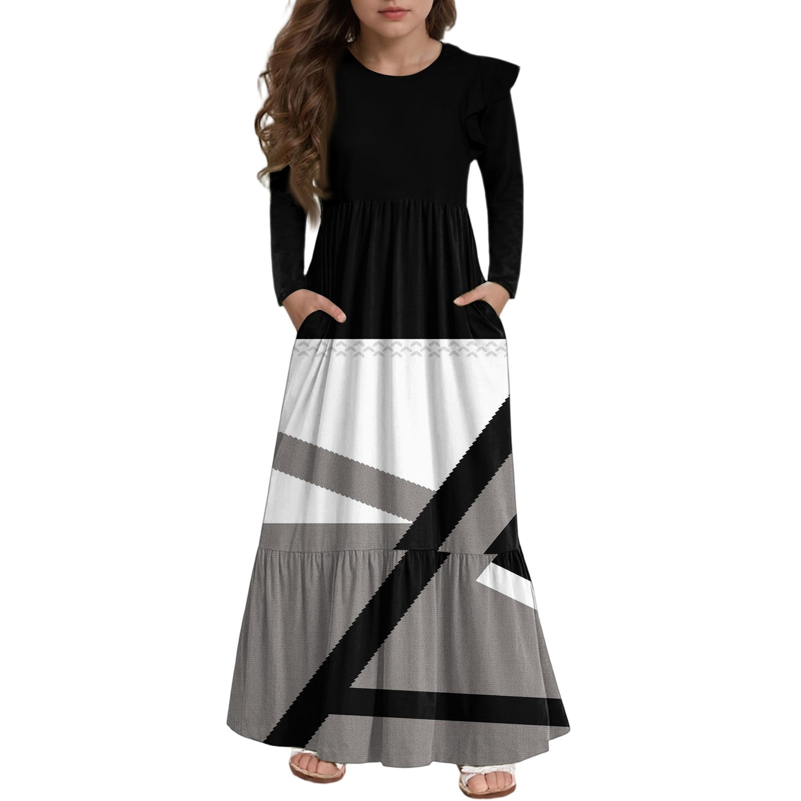 Abcomgle Girls Maxi Dresses 7-16 Patchwork Ruffle Long Sleeve Girls ...