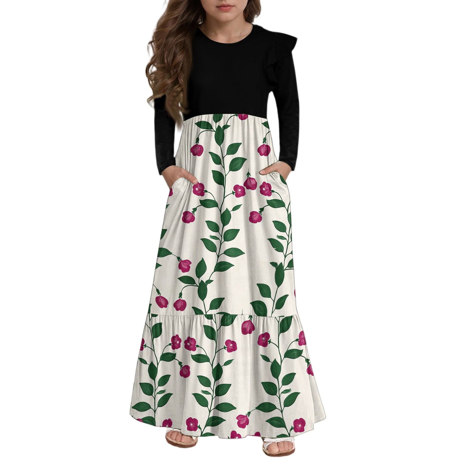Abcomgle Girls Maxi Dresses 7-16 Patchwork Ruffle Long Sleeve Maxi ...