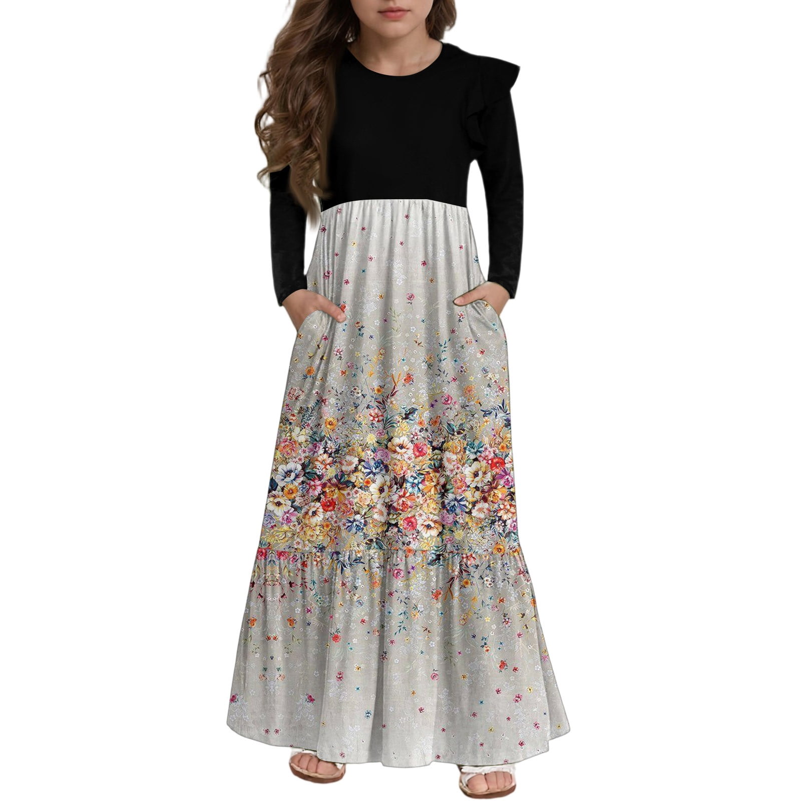 Abcomgle Girls Maxi Dresses 7-16 Patchwork Ruffle Long Sleeve Maxi ...