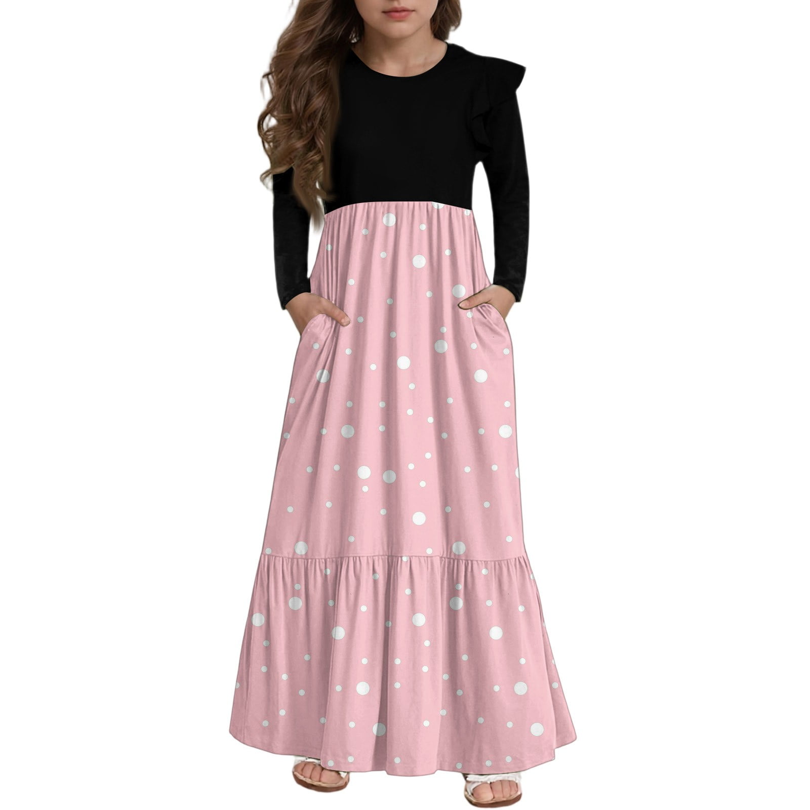 Abcomgle Girls Maxi Dresses 7-8 Casual Patchwork Ruffle Long Sleeve ...