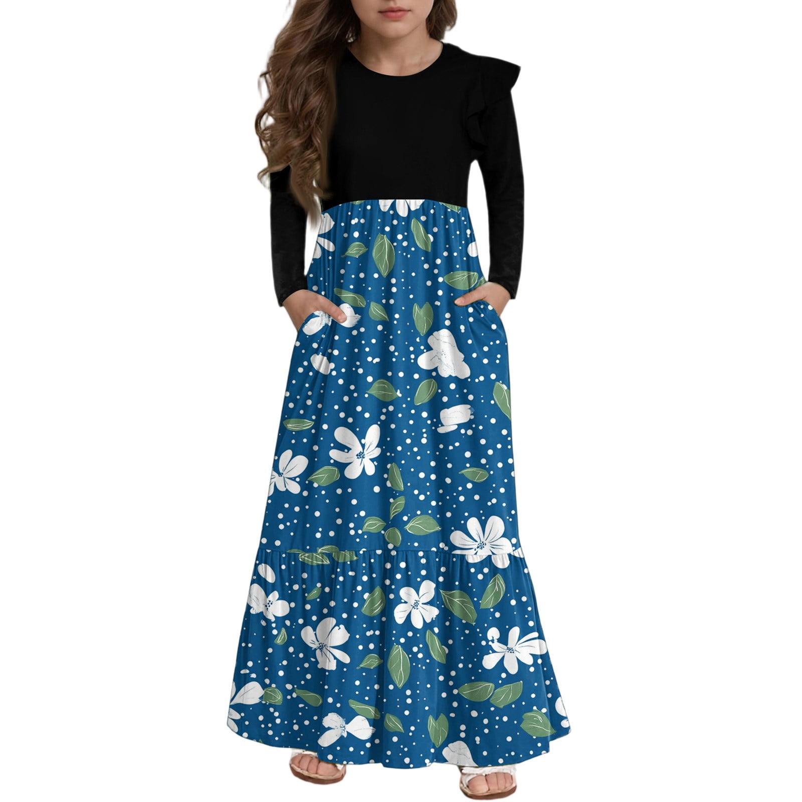 Abcomgle Girls Maxi Dresses 7-8 Casual Patchwork Ruffle Long Sleeve ...