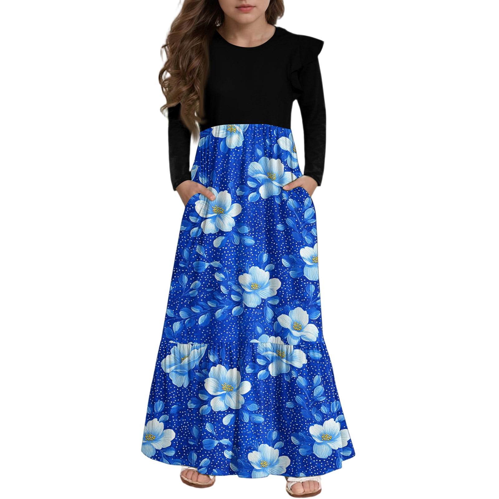 Abcomgle Girls Maxi Dresses Size 14-16 Casual Patchwork Ruffle Long ...