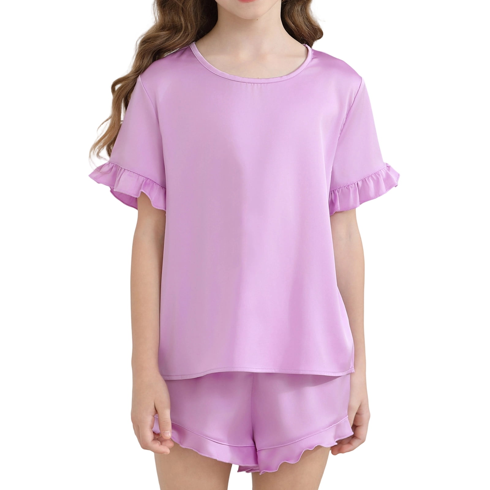 Abcomgle Girls Pajamas Size 14-16 Silk Satin Girls Short Sets Crew Neck ...