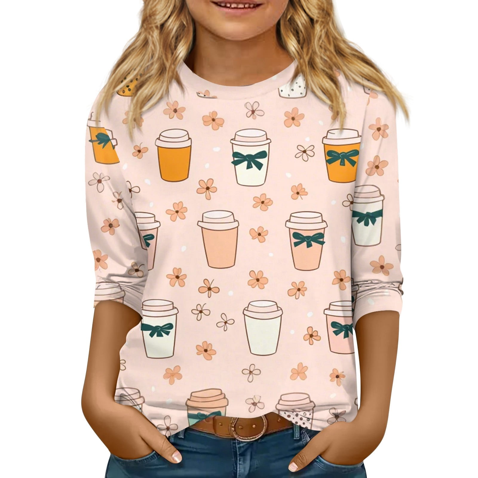 Abcomgle Girls Shirts 10-12 Crewneck 3/4 Sleeve Bownot Graphic Tops ...
