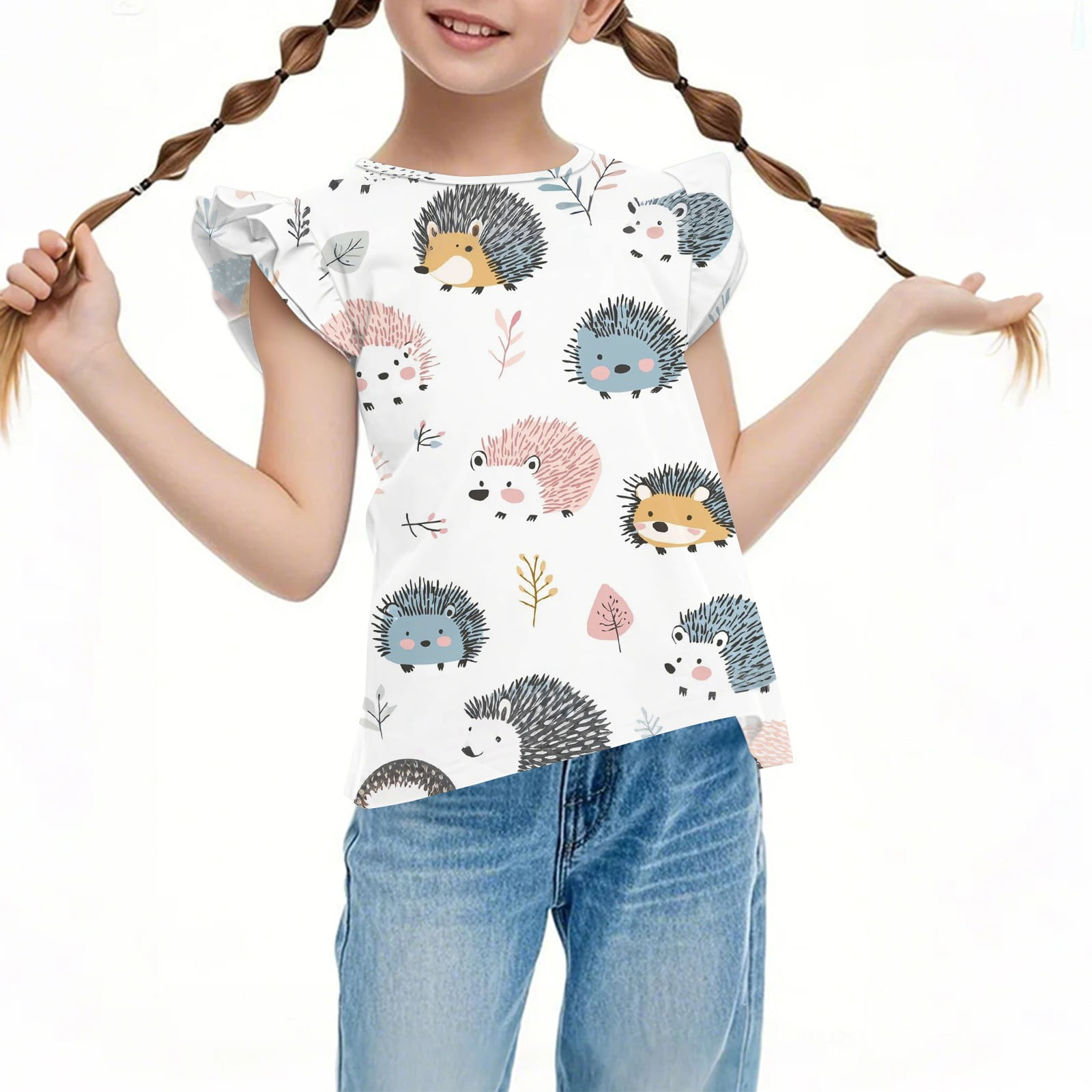 Abcomgle Girls Shirts 10-12 Crewneck Animal Graphic Tshirt Ruffle Short ...