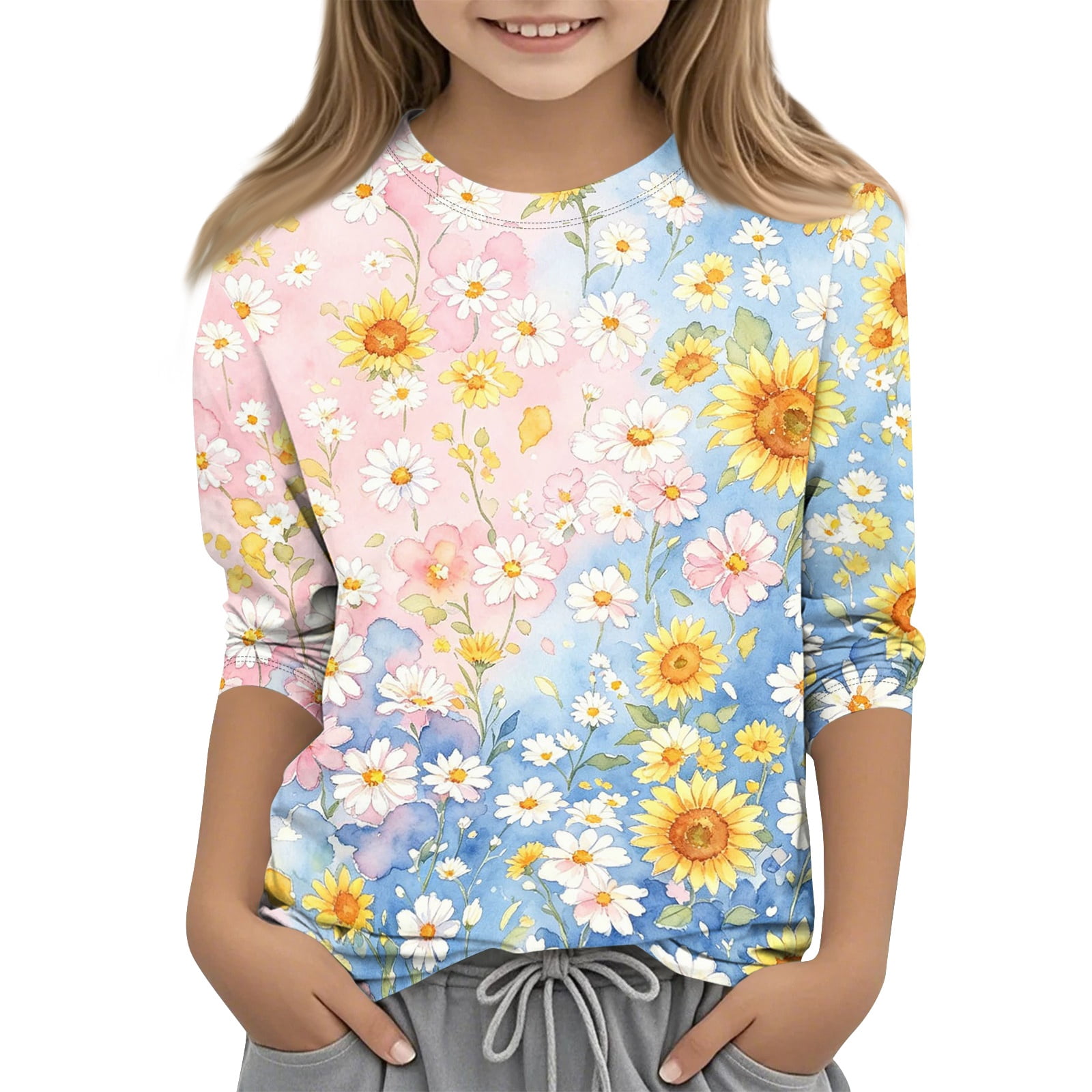 Abcomgle Girls Shirts 10-12 Summer 3/4 Sleeve Tshirt Daisy Flower ...