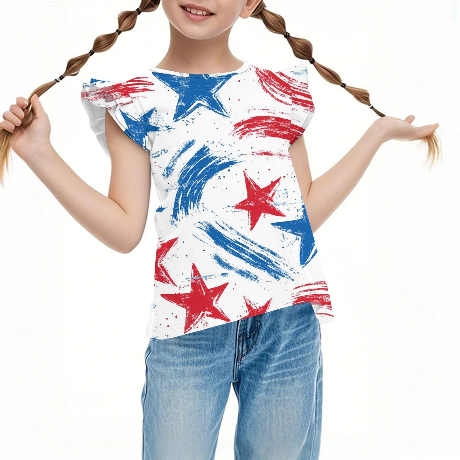 Abcomgle Girls Shirts 10-12 Summer Ruffle Short Sleeve Tshirt Red White ...