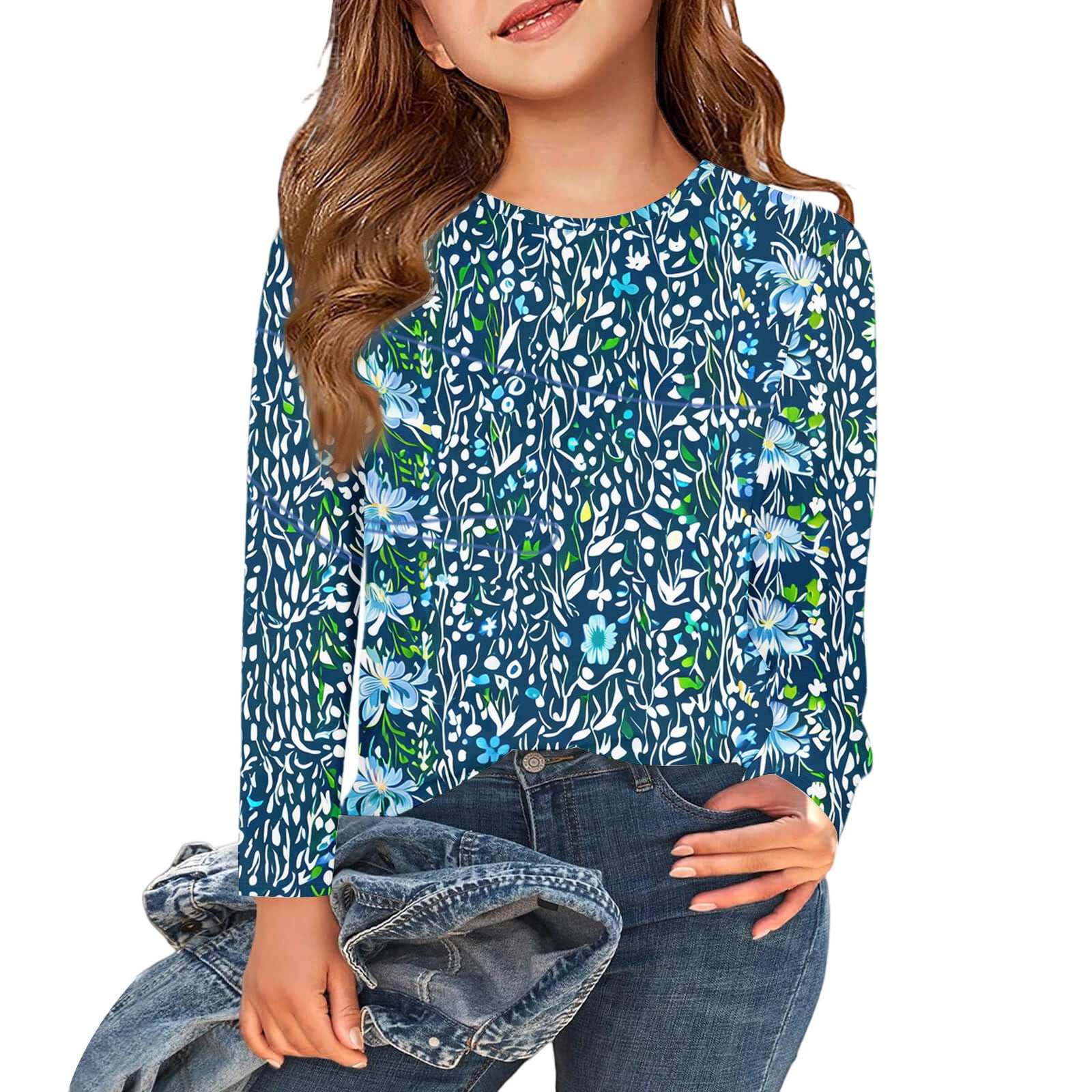 Abcomgle Girls Shirts Long Sleeve 10-12 Casual Floral Print Crewneck ...
