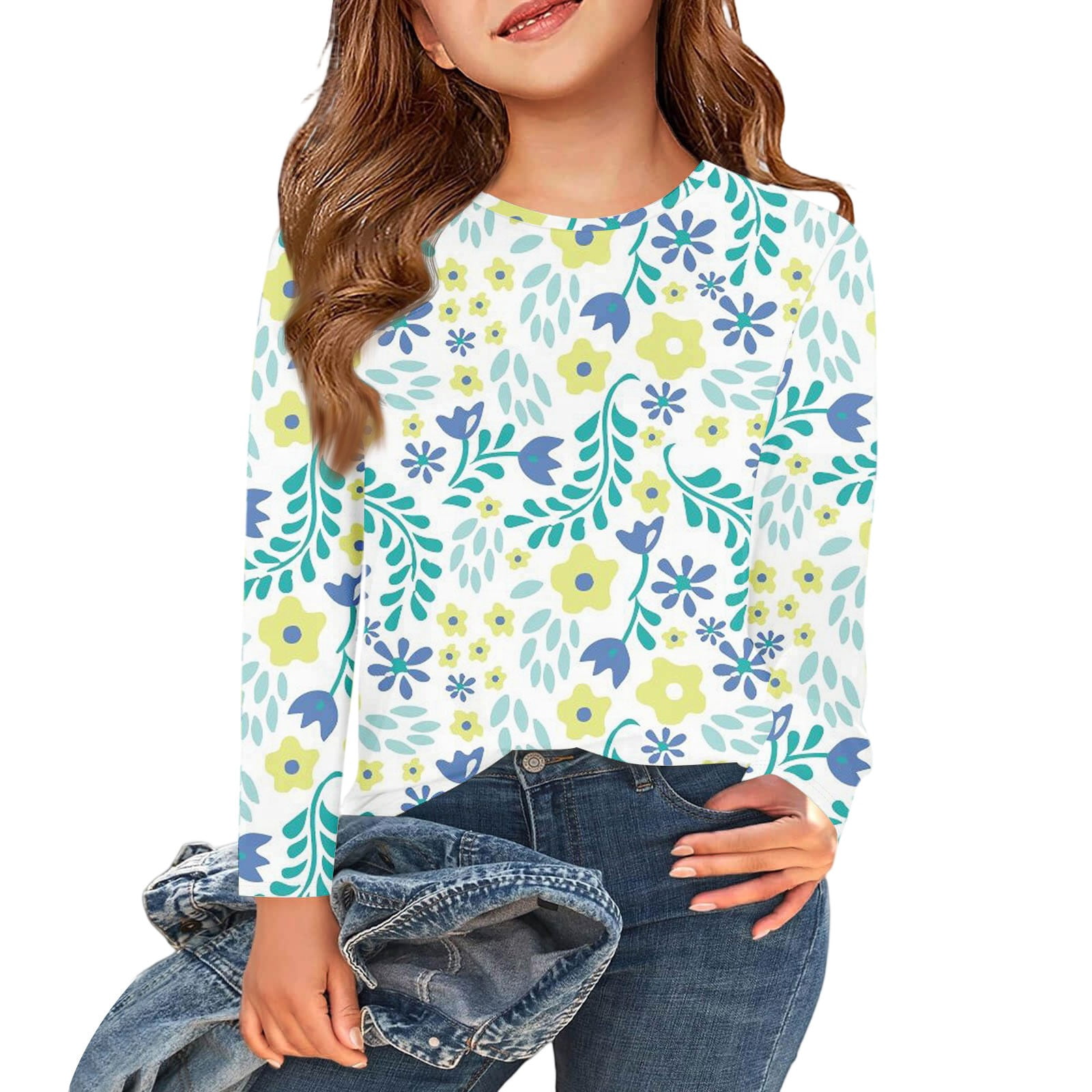 Abcomgle Girls Long Sleeve Shirts 10-12 Casual Floral Print Crewneck ...