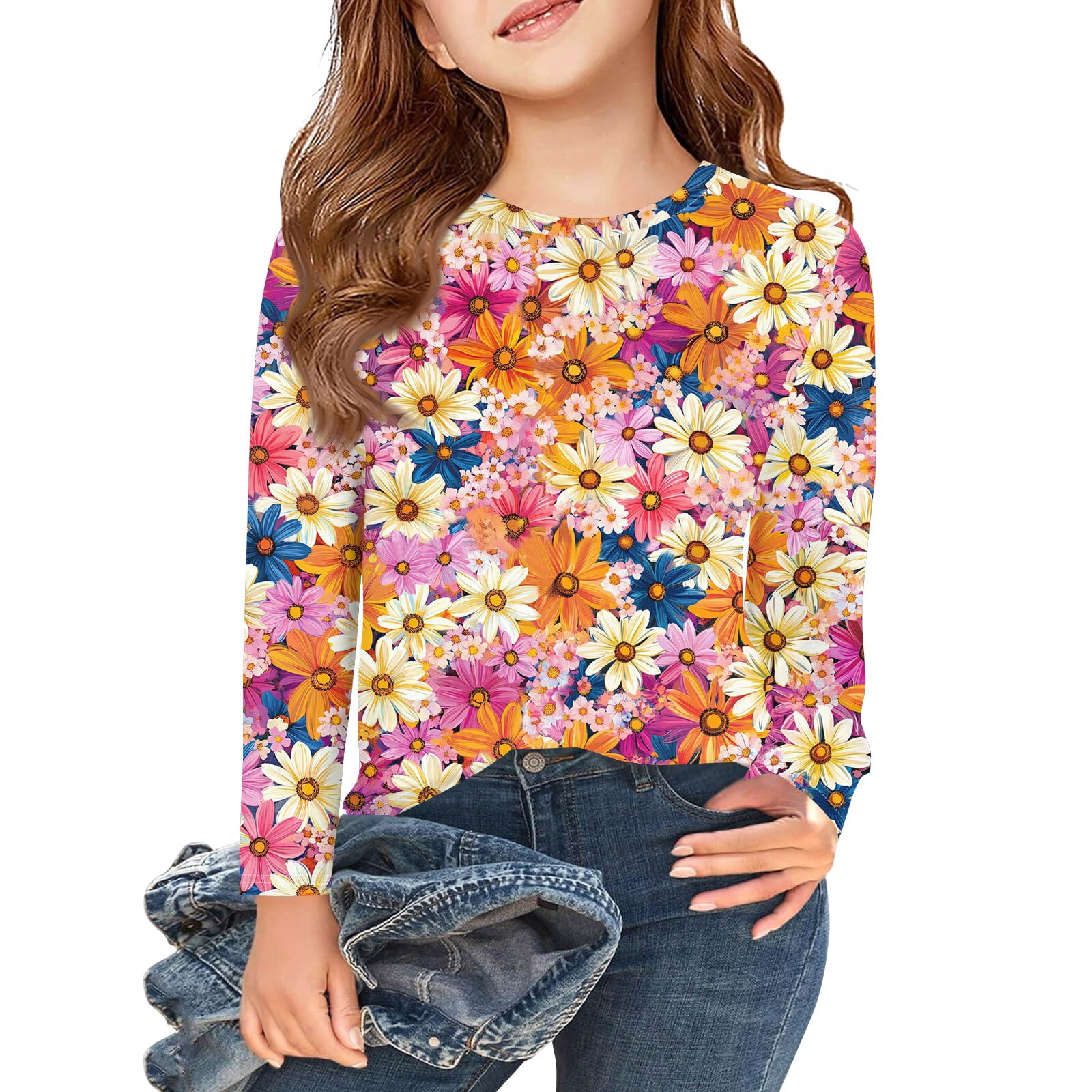 Abcomgle Girls Shirts Long Sleeve 7-8 Trendy Daisy Flower Print ...