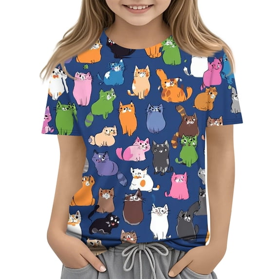 Abcomgle Girls Shirts Size 7-8 Crewneck Cat Print Tshirt Short Sleeve ...