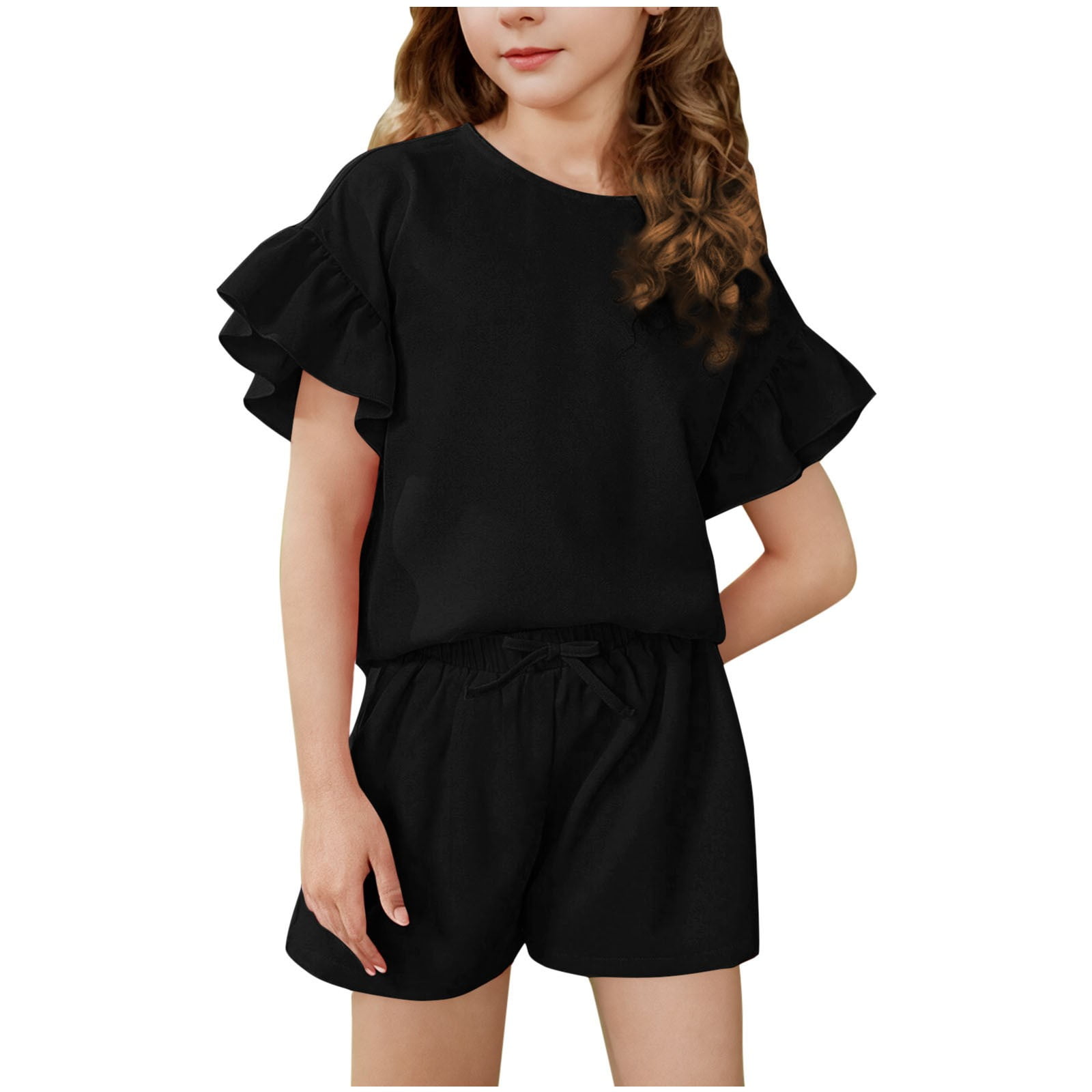 Abcomgle Girls Short Sets Size 7-8 Girls 2 Piece Outfits Ruffle Sleeve ...